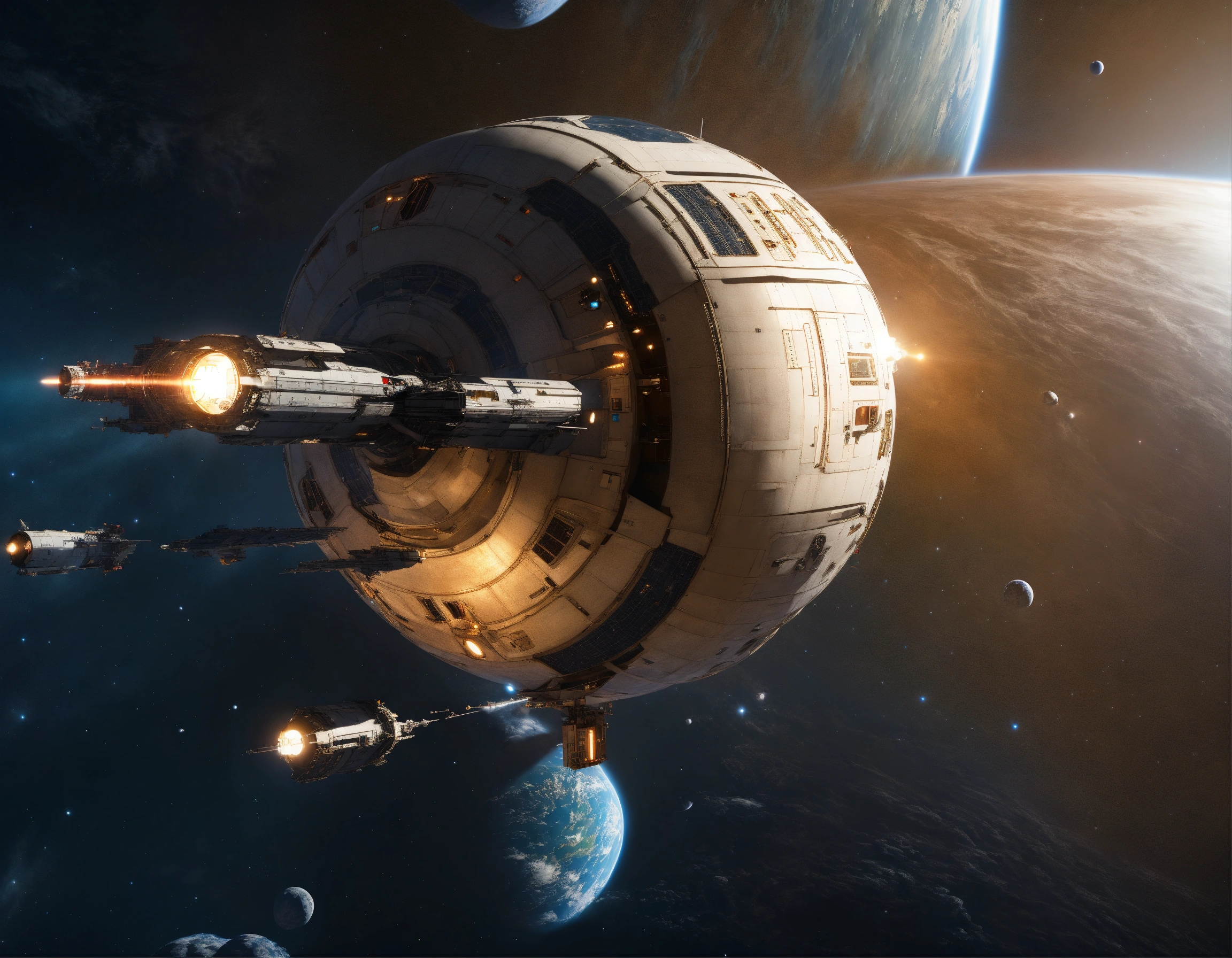 Lexica - Futuristic space craft flying through space toward a docking ...