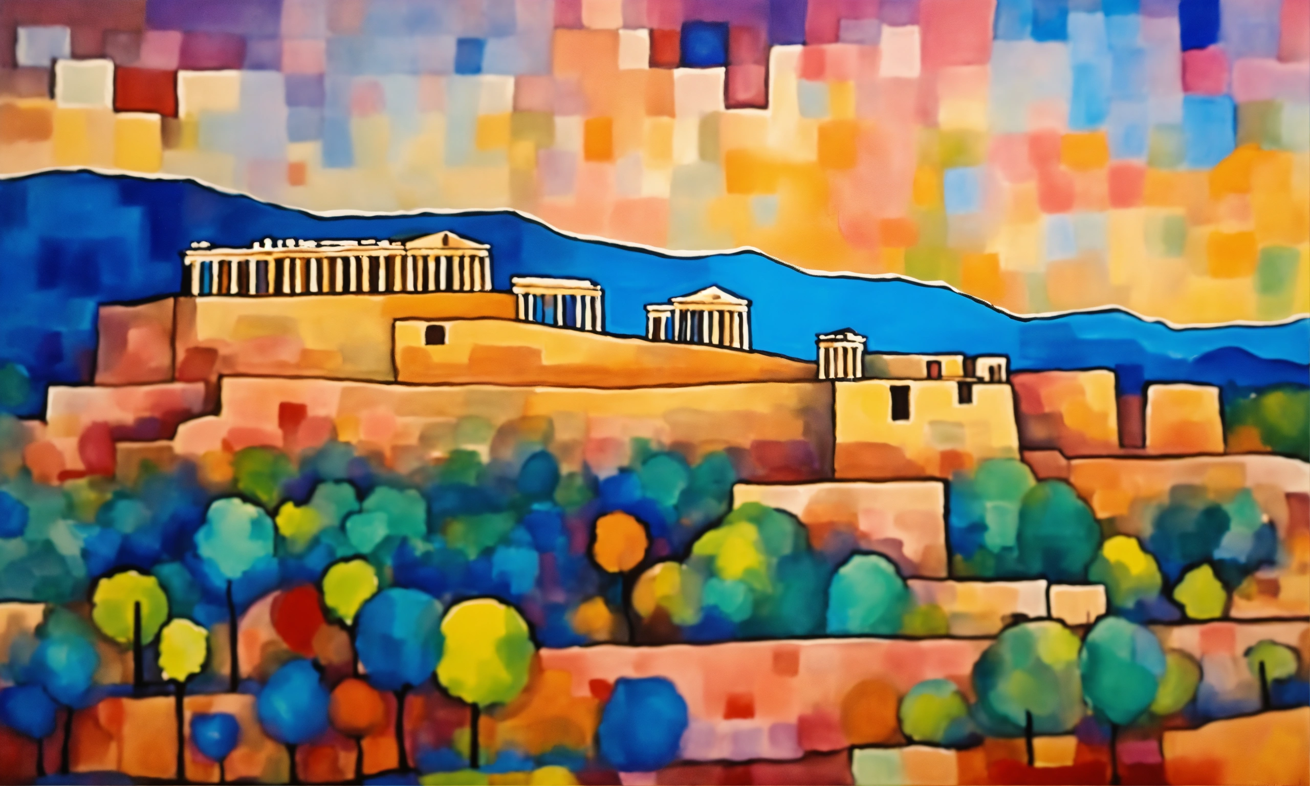 Lexica - The Acropolis, Athens, colorful painting in the style of Paul Klee