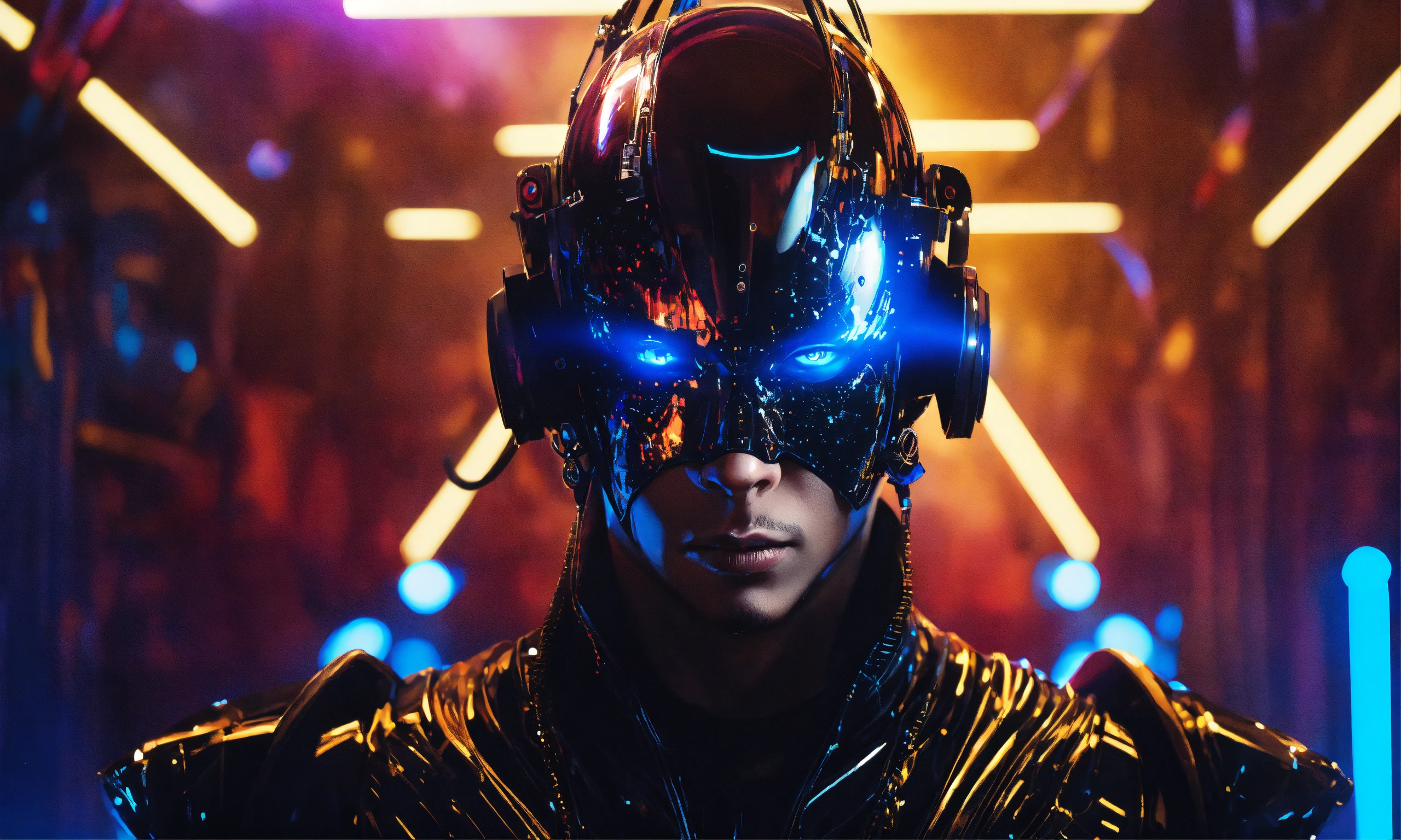 Lexica - A male pop artist dressed as cyborg in glossy black, sleek ...