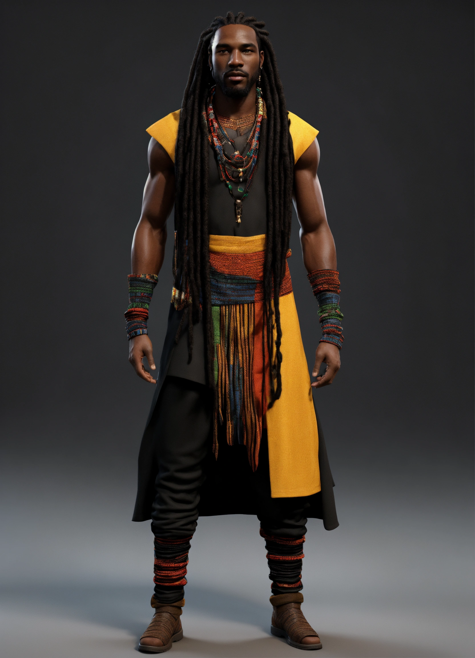 Lexica - 3d render of a Black man with long flowing dreadlocks, 6'5" tall, well-built, full body ...