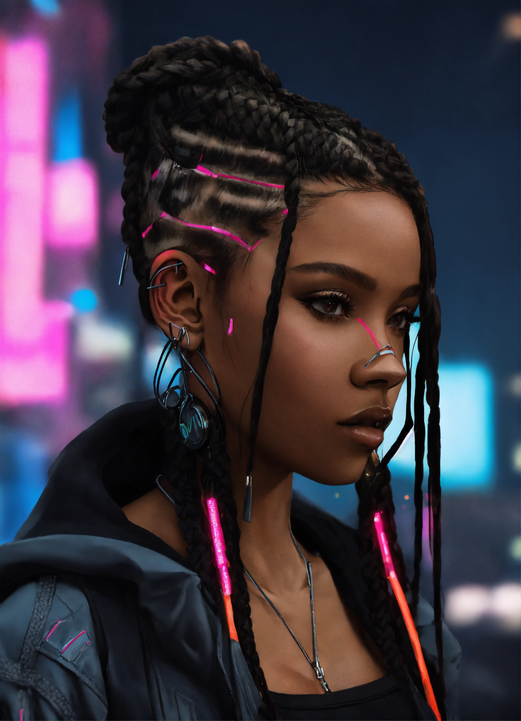 Lexica - Brown skin, black hair, braids, cyberpunk, hoodie, woman