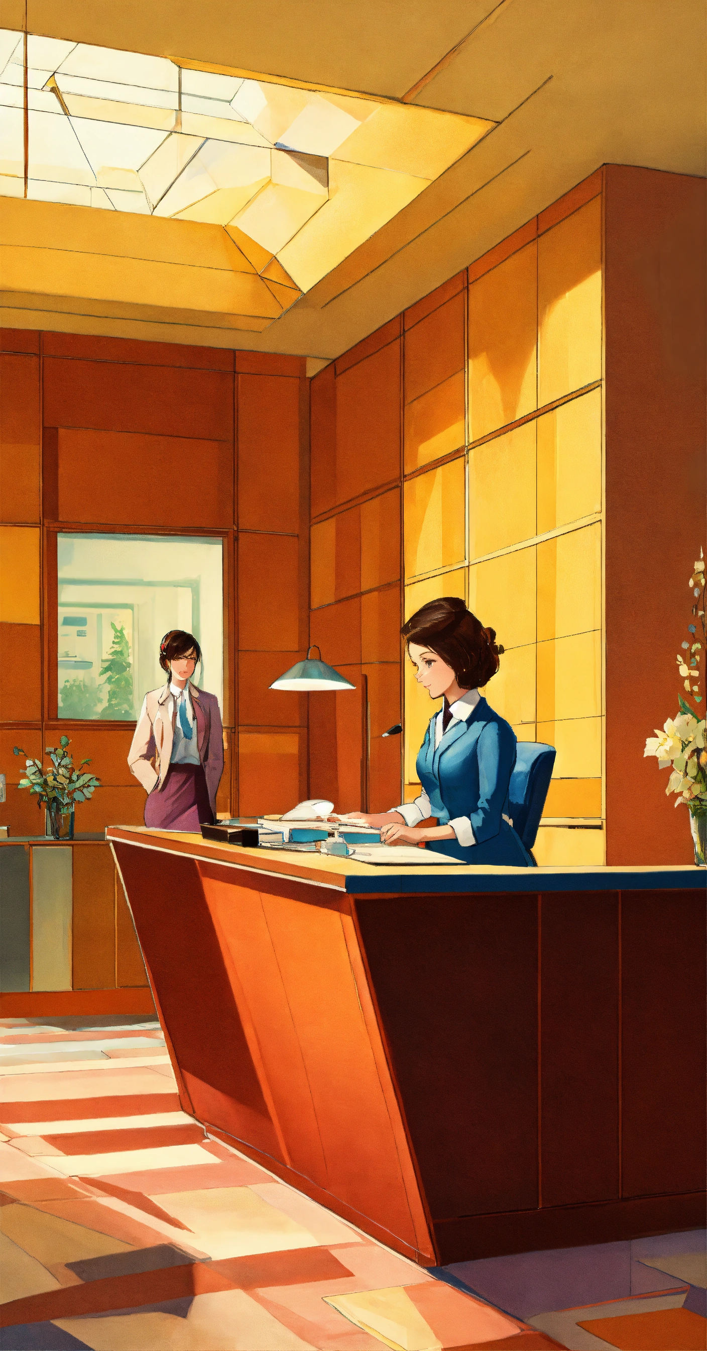Lexica - Wide angle, geometric, Female receptionist, sitting at desk ...