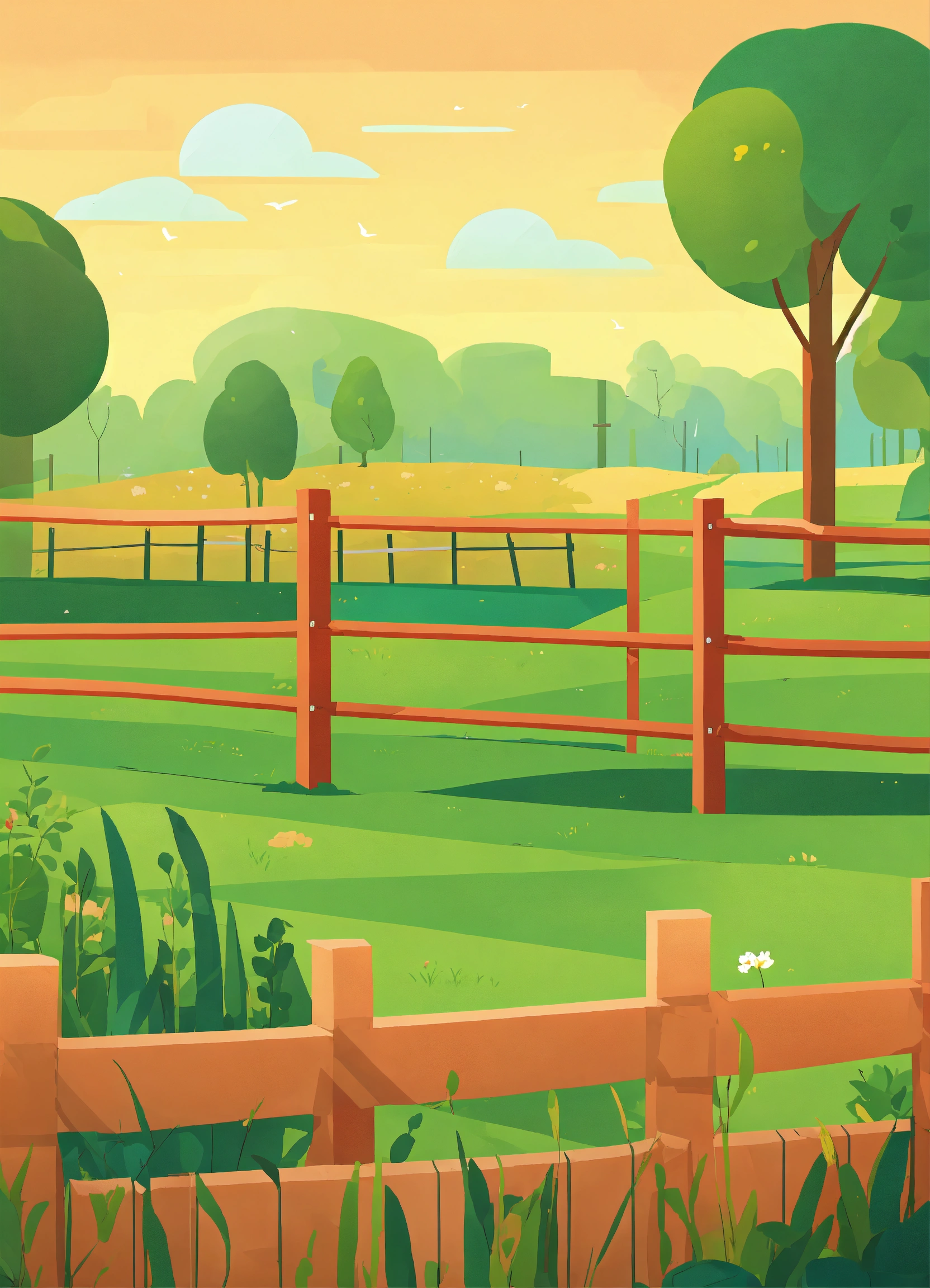 Lexica - Yard, clearing, fence in the background, 2d, flat design, cartoon