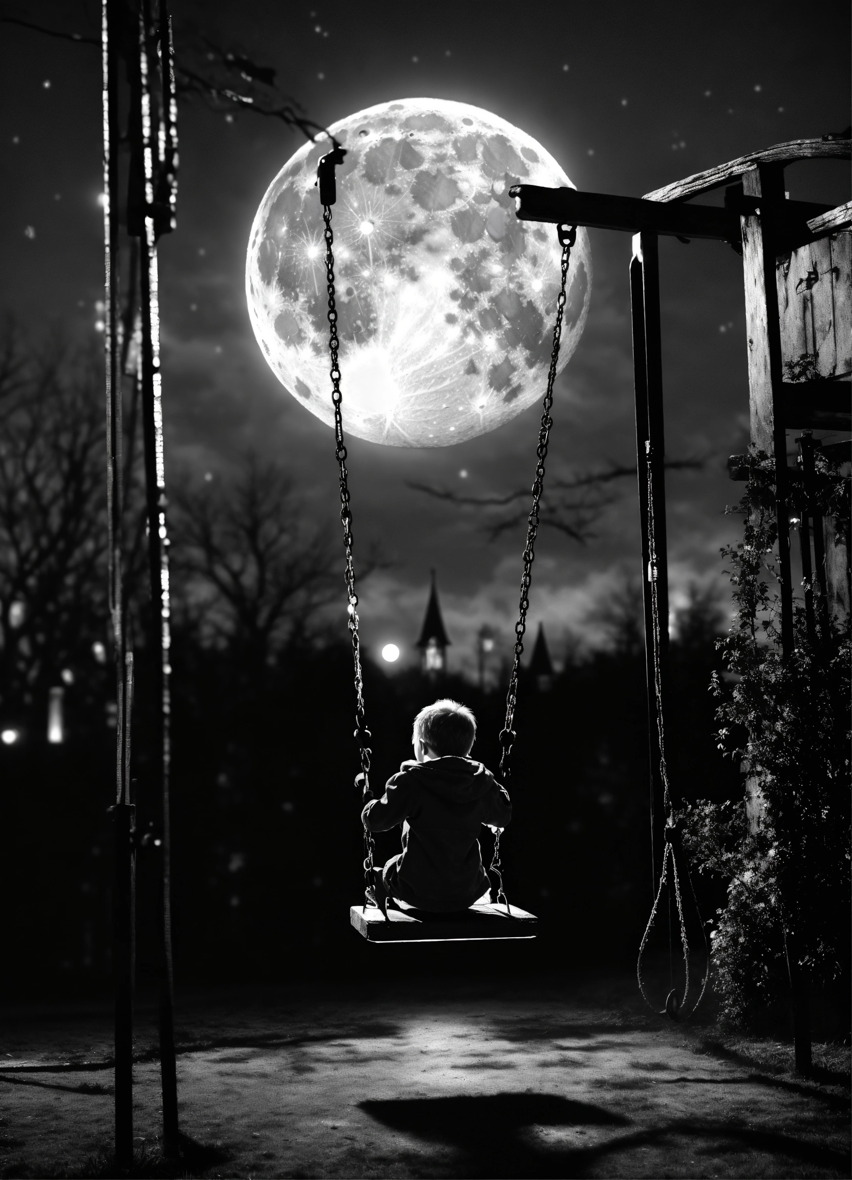 Lexica - Photorealistic, black and white, deep night, dark playground ...