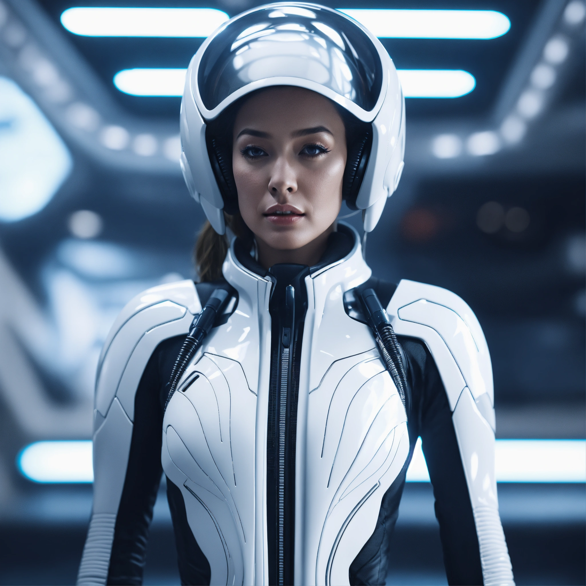 Lexica - Wide shot of a female super spy wearing a tight futuristic spy ...