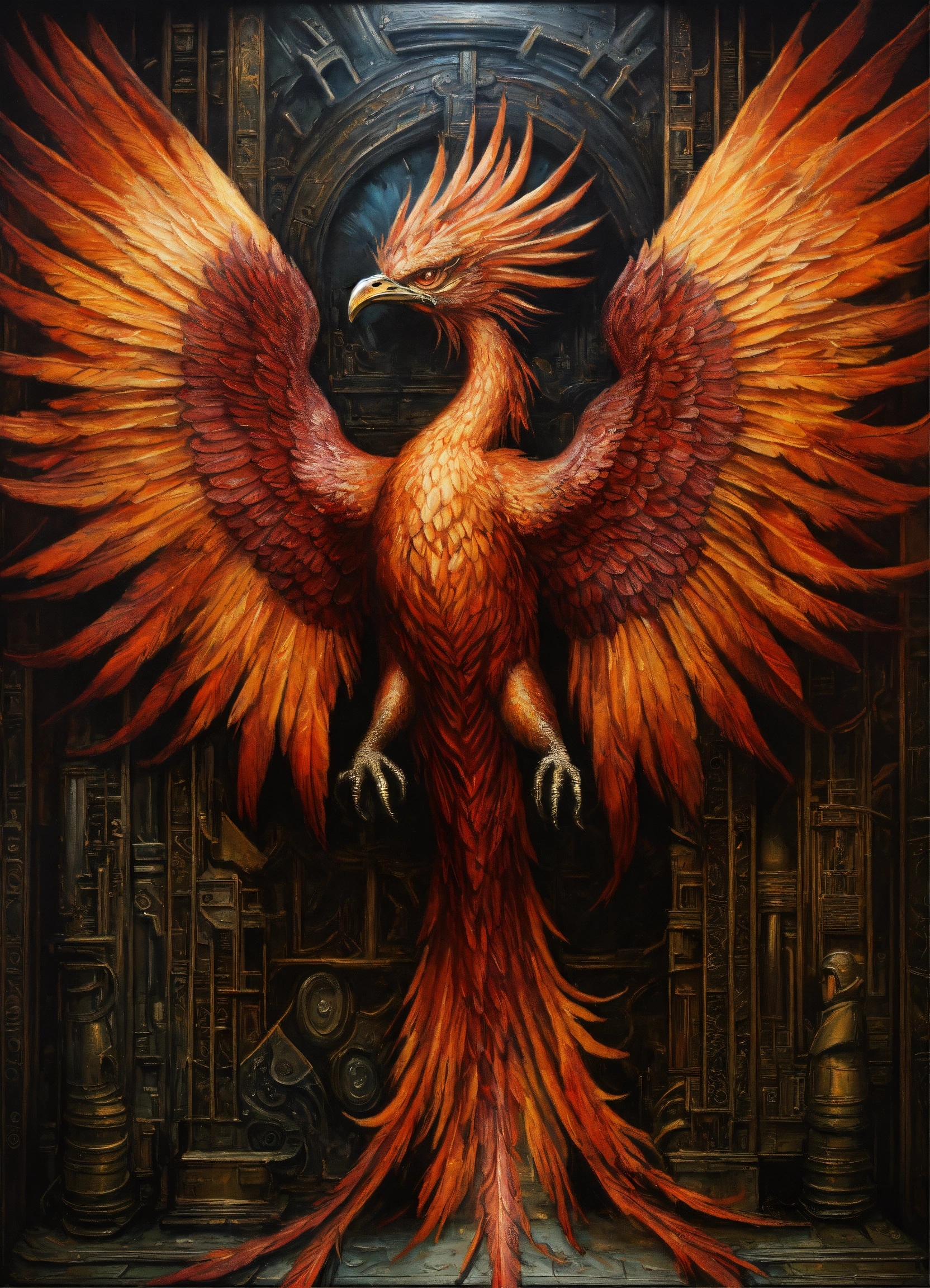 Lexica - An oil painting by H.R. Giger of a powerful phoenix, the ...