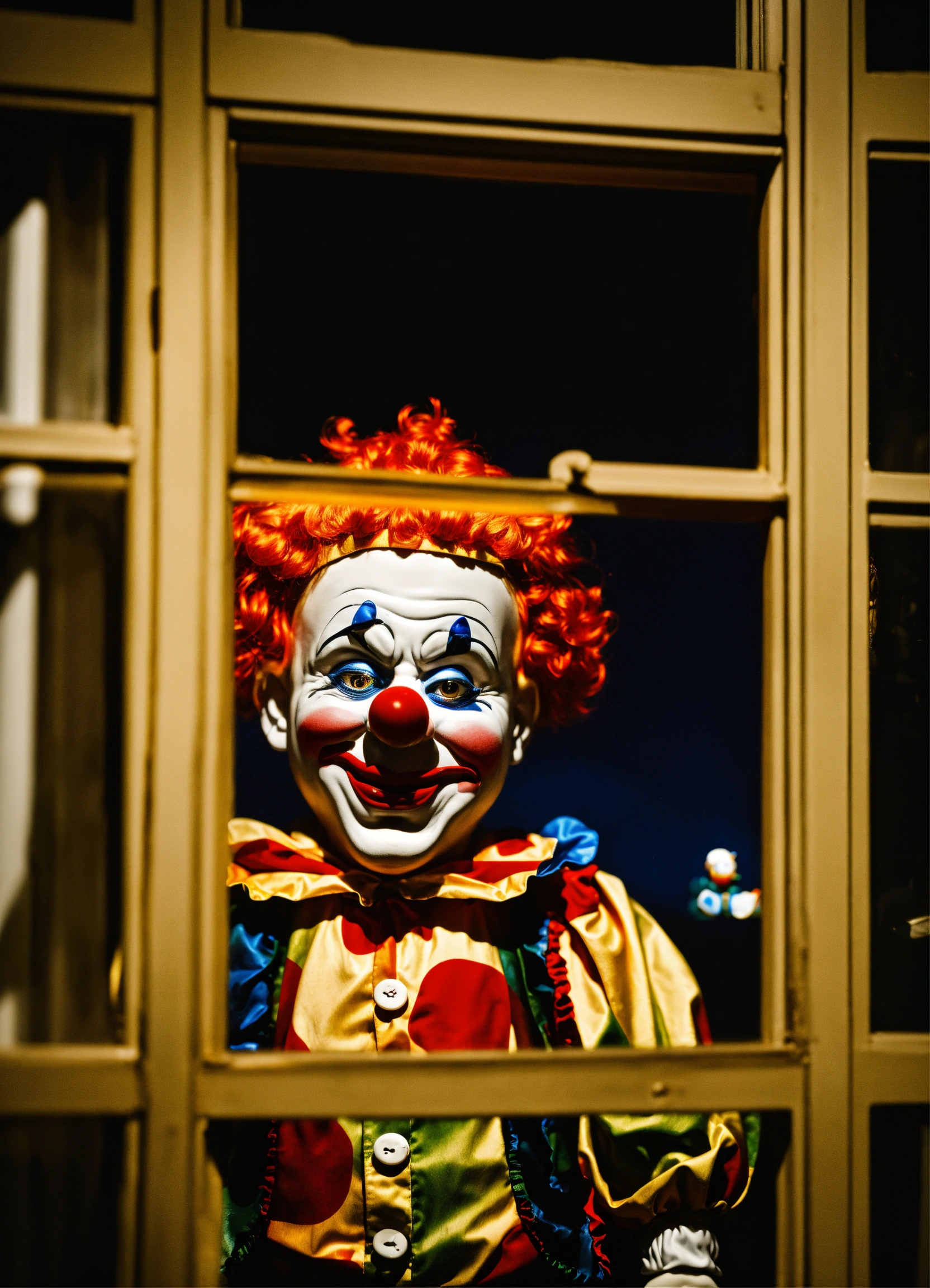 Lexica - A large unsmiling angry porcelain toy clown looking into a ...