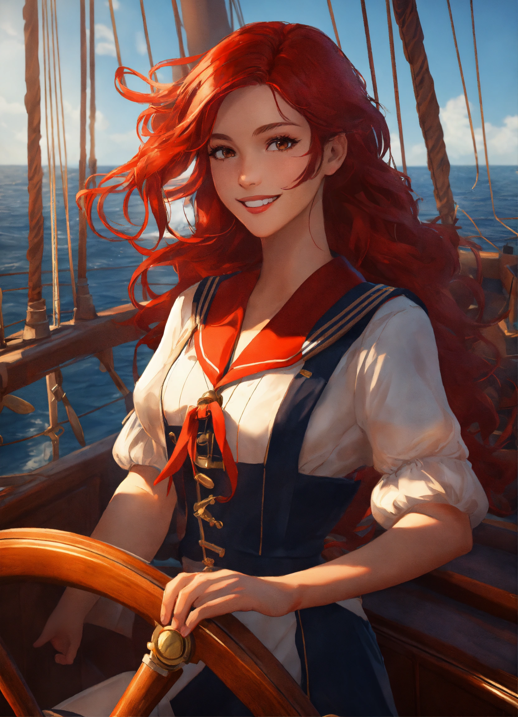 Lexica - A red-haired sailor, brown eyes, smile, steering wheel of a ...