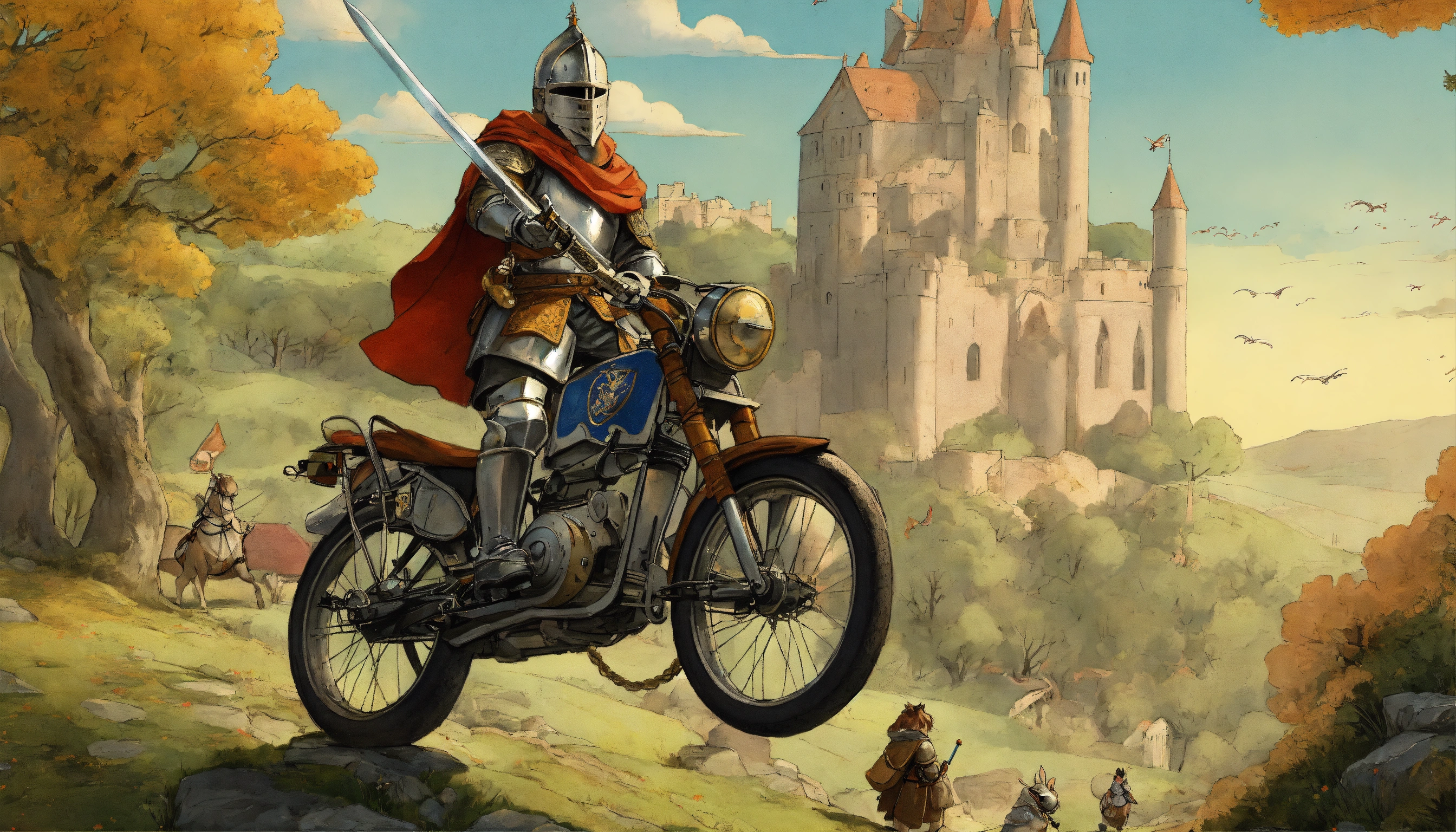 Lexica - Medieval poster of a knight riding a bike and holding a sword ...