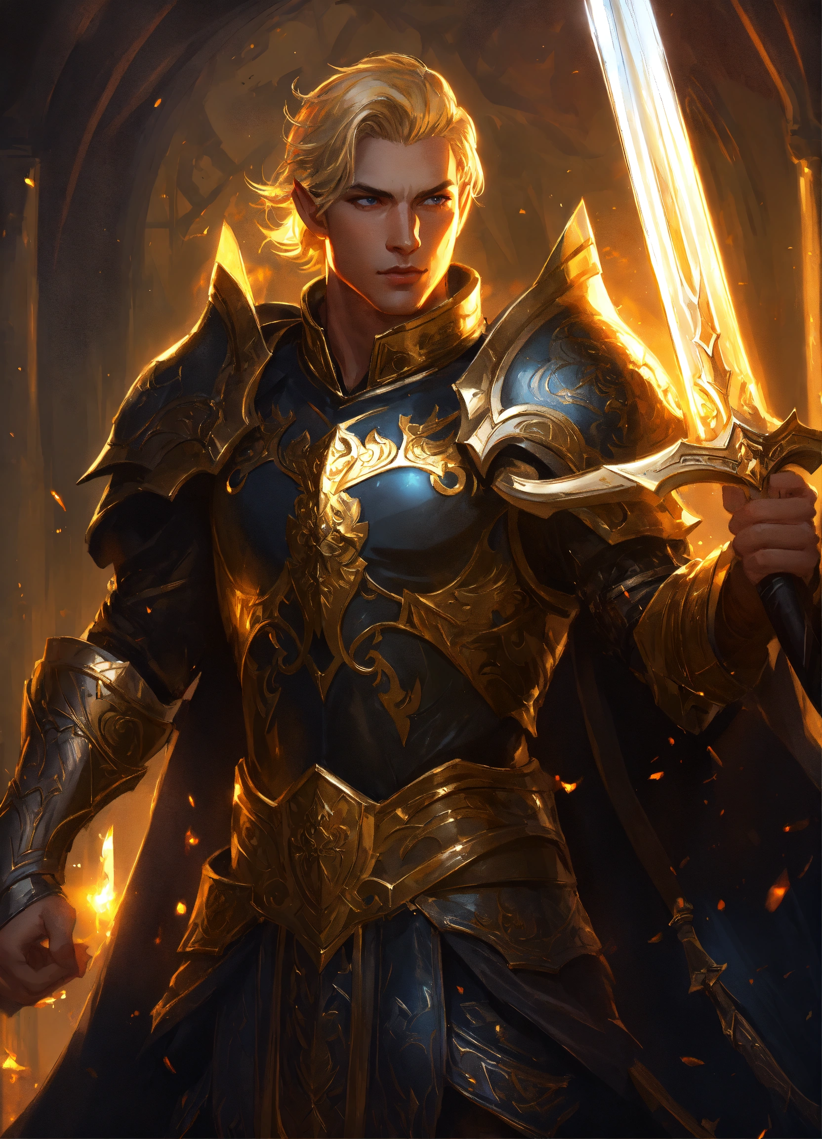 Lexica - Male elf paladin with golden skin in heavy magical dark black ...
