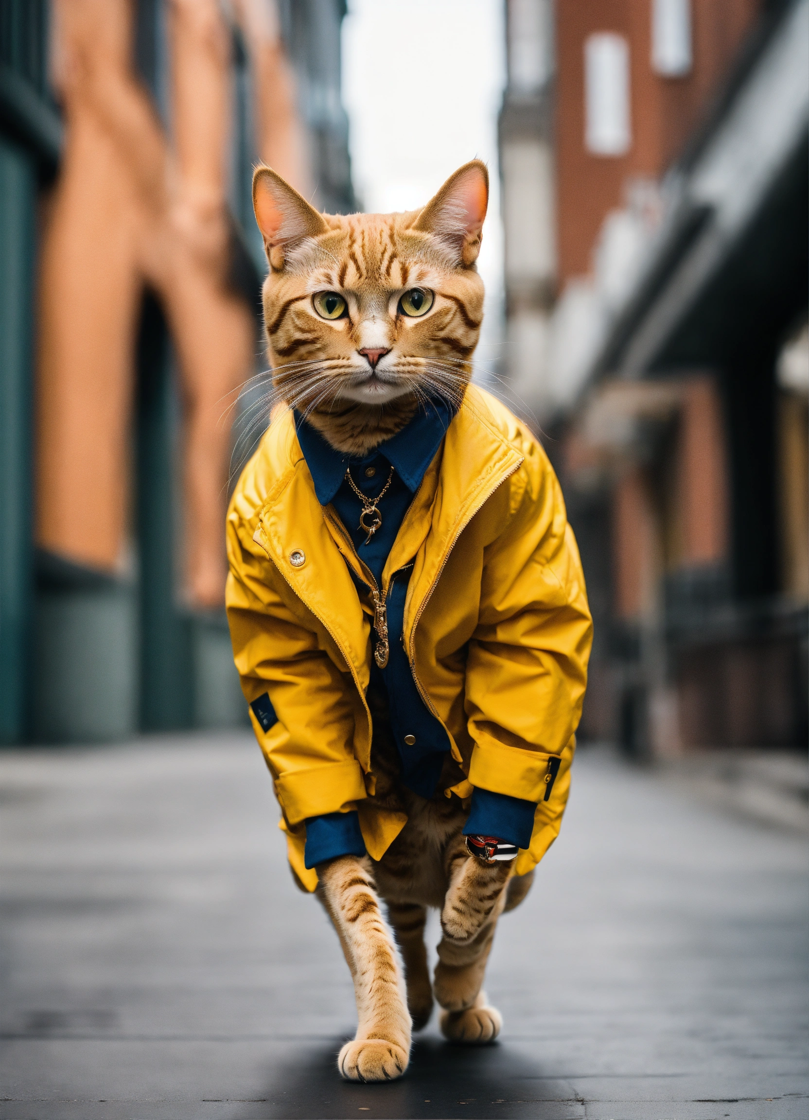 Lexica - A modern cat model walking on two legs,sporting fashionable ...