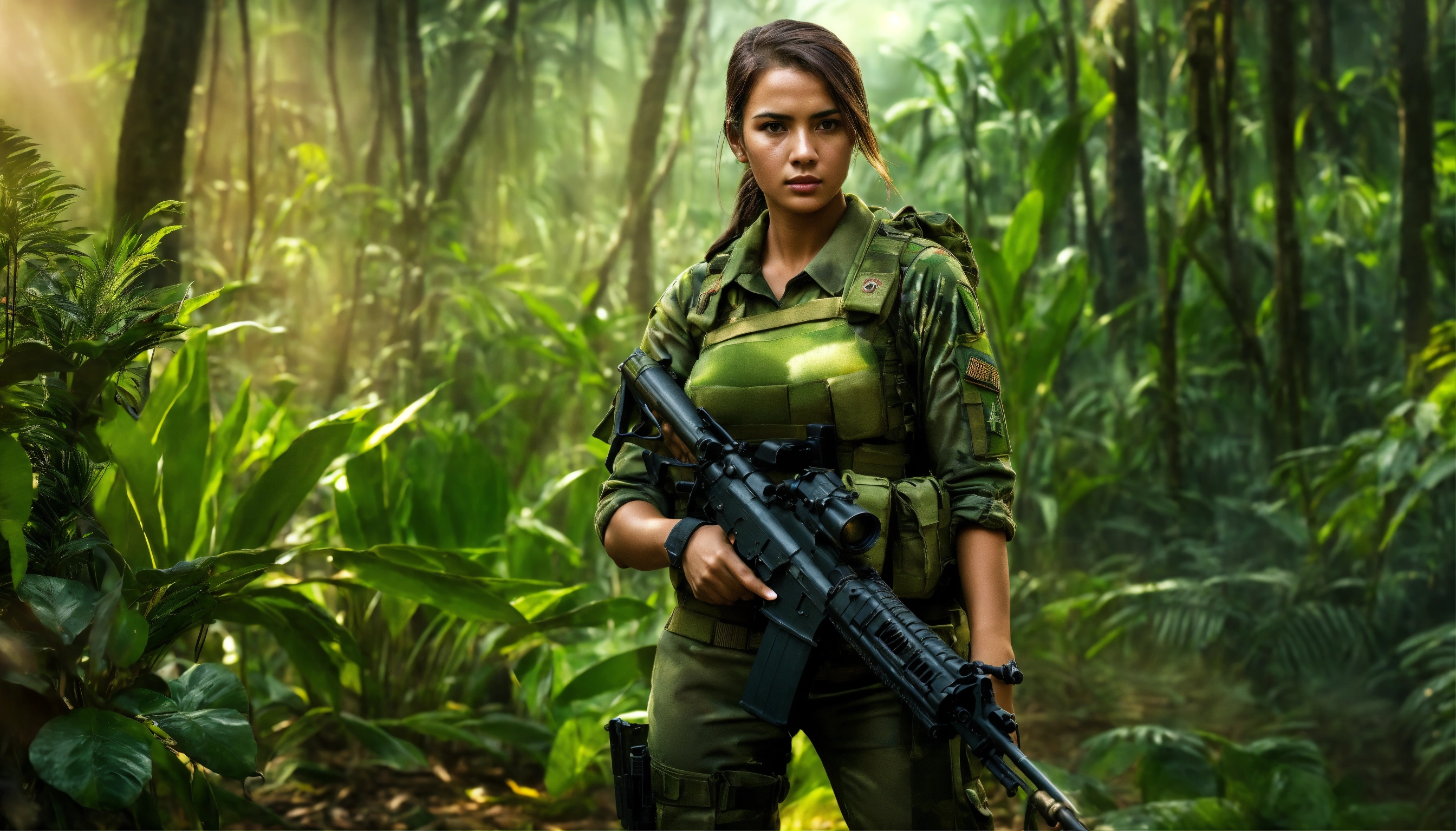 Lexica - Female commandos in jungle, perfect face, full camouflage, HDR ...