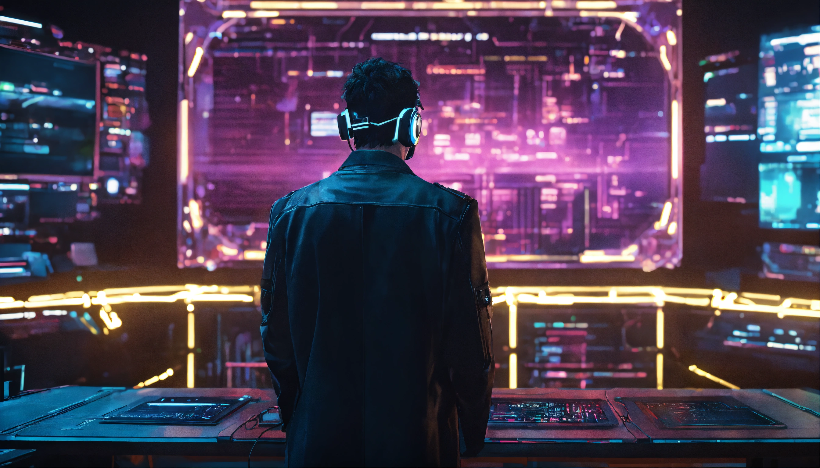 Lexica - Man standing behind the cyber-table, front view, focus ...