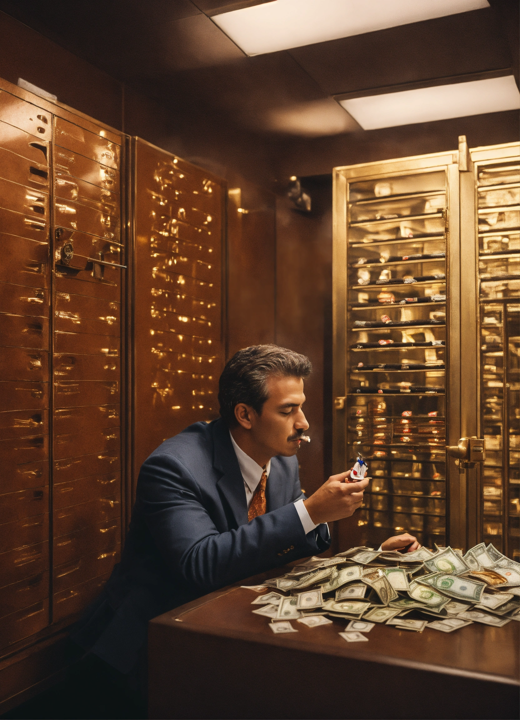 Lexica - Man counting money and smoking cigar inside a bank vault