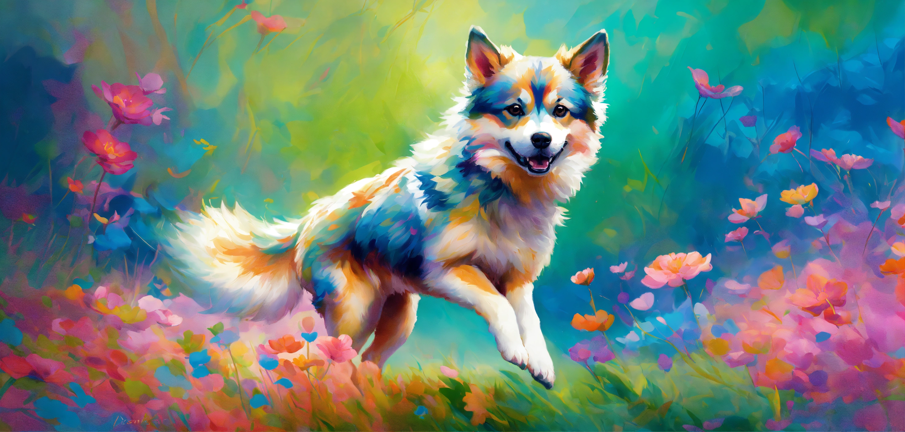 Lexica - In this vibrant painting, a graceful Pomsky is captured in ...