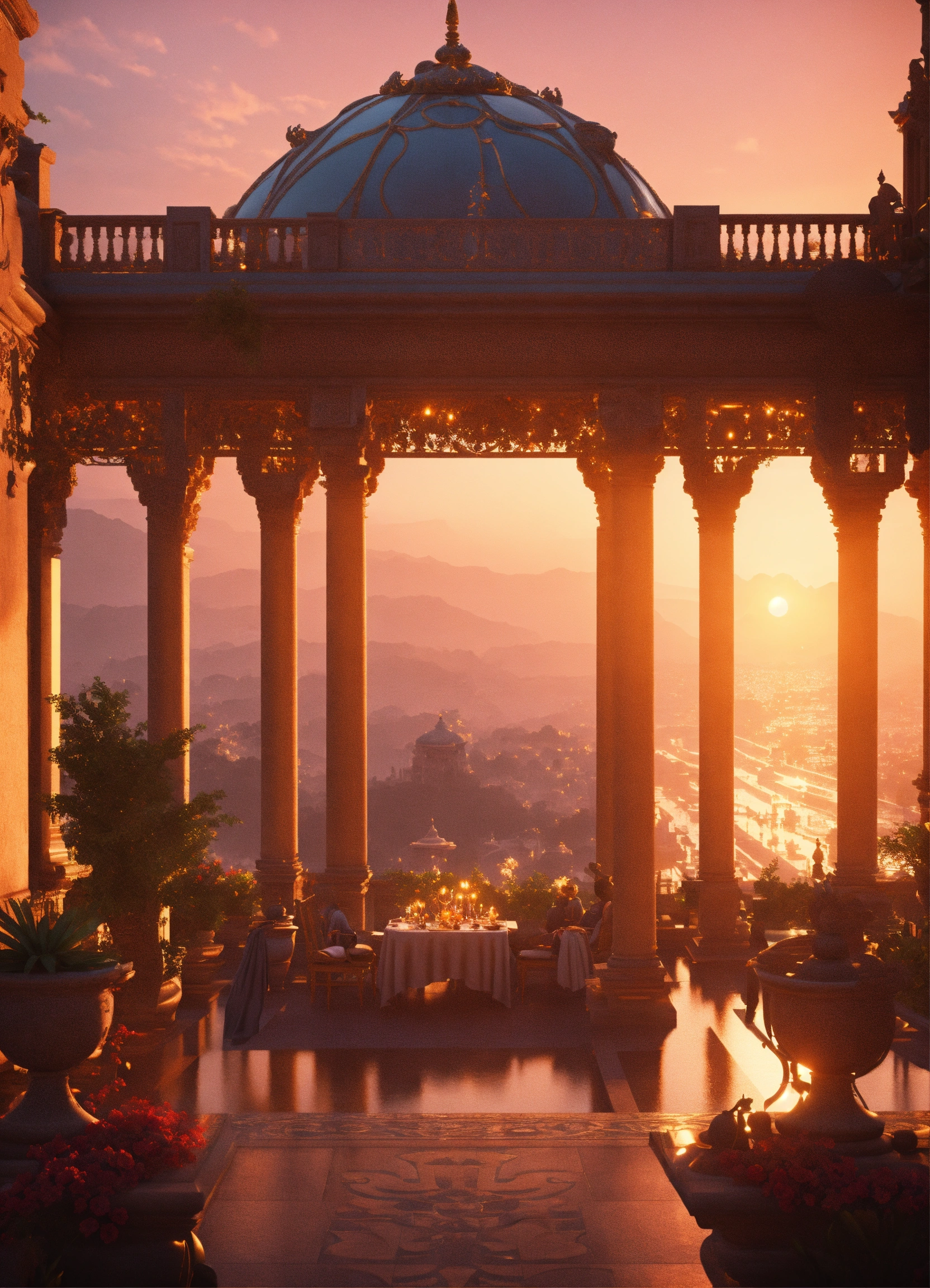 Lexica - A sumptuous palace terrace at sunset. alien orchestra playing ...