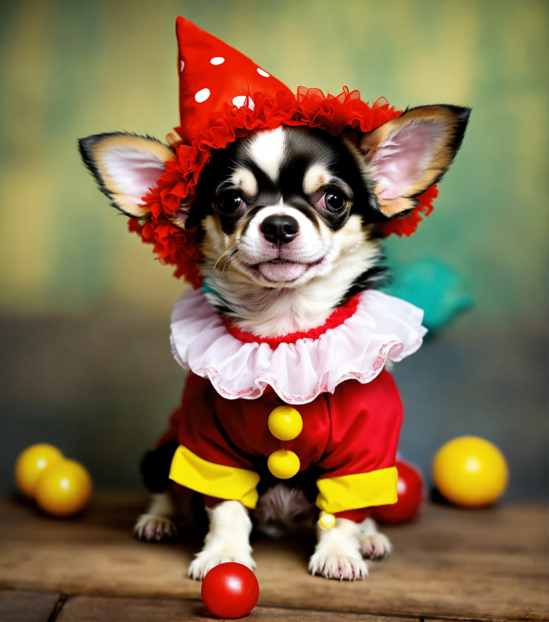 Lexica - A very cute and sweet baby Chihuahua puppy dressed as a clown ...