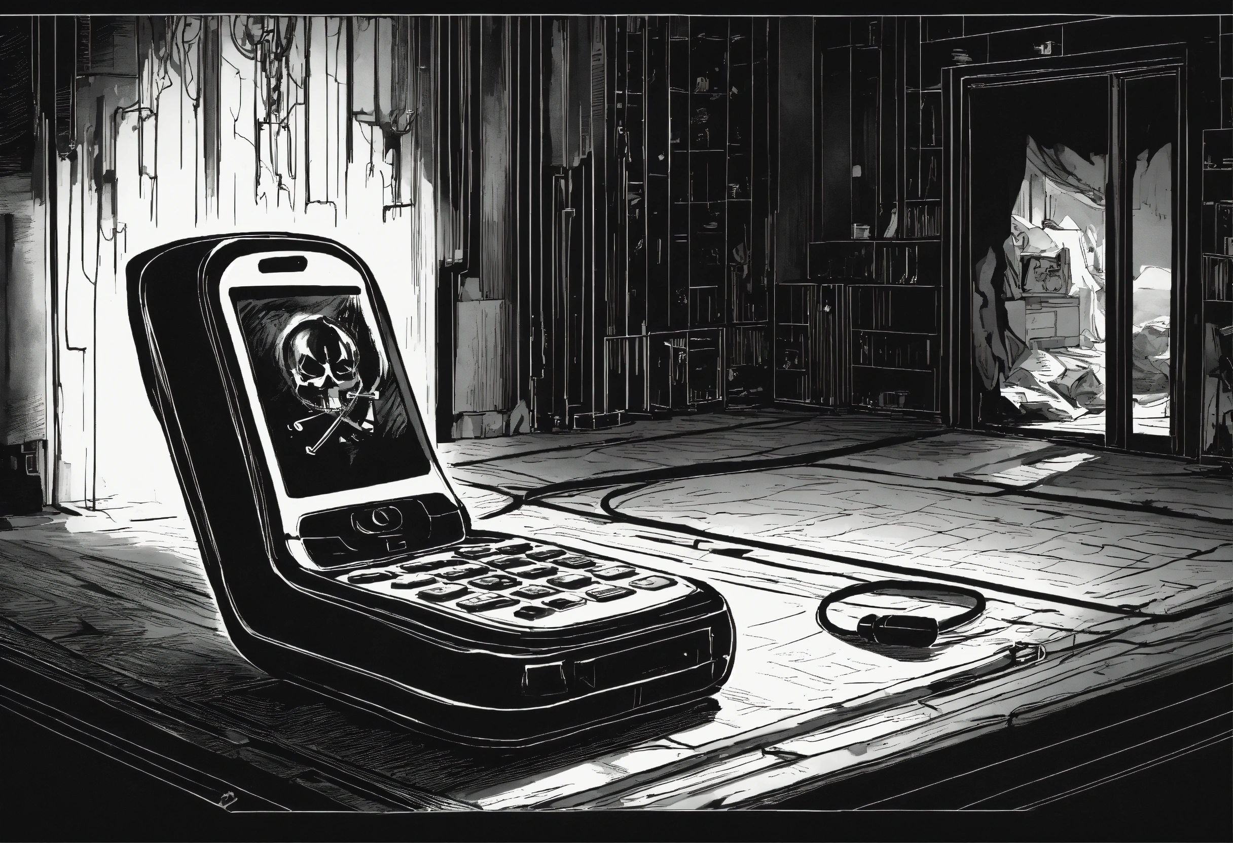 Lexica - Black and white illustration of evil cell phone, in dark room ...