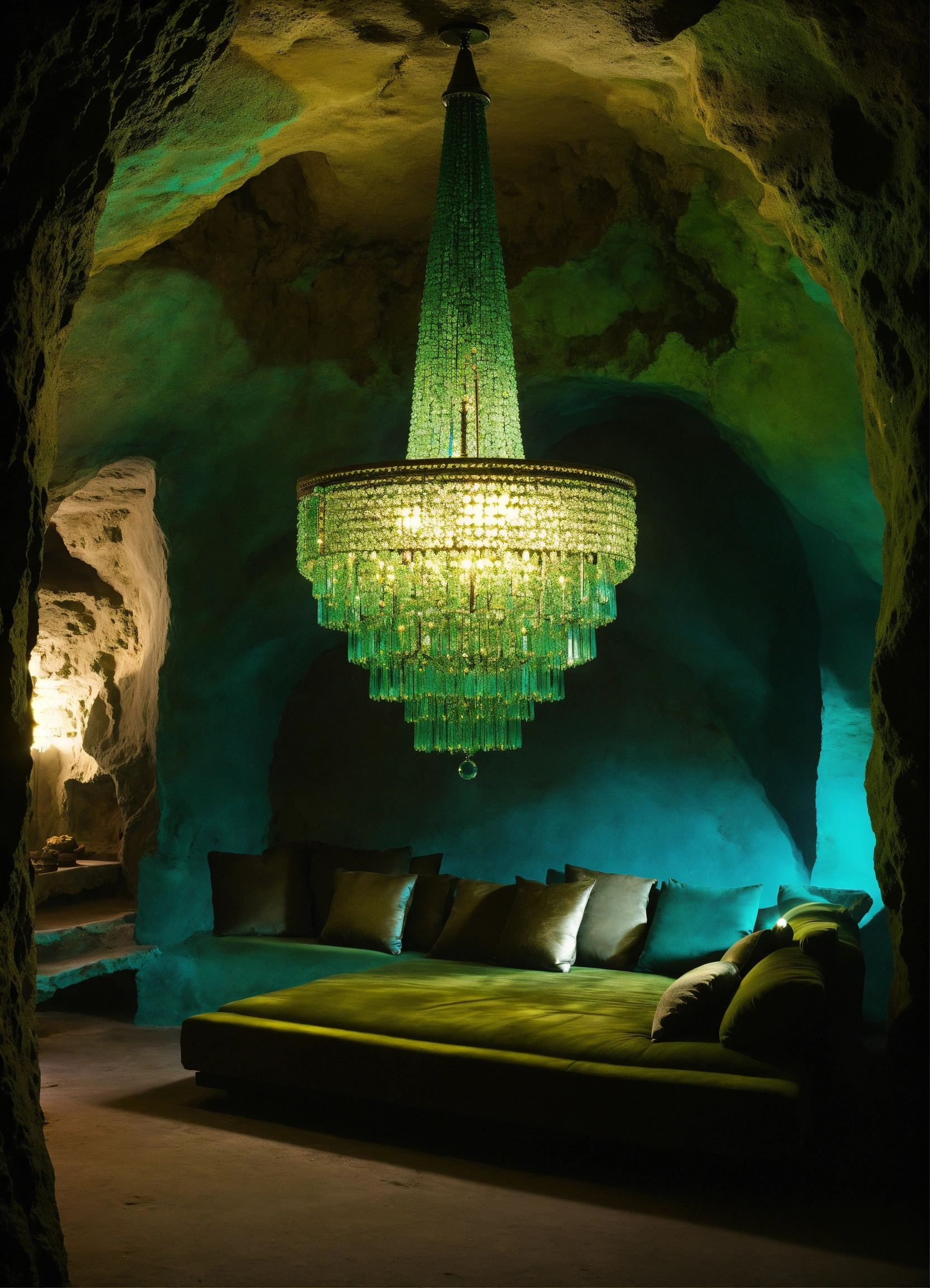Lexica - A dark cave with a glowing chandelier, turquoise color pallet ...