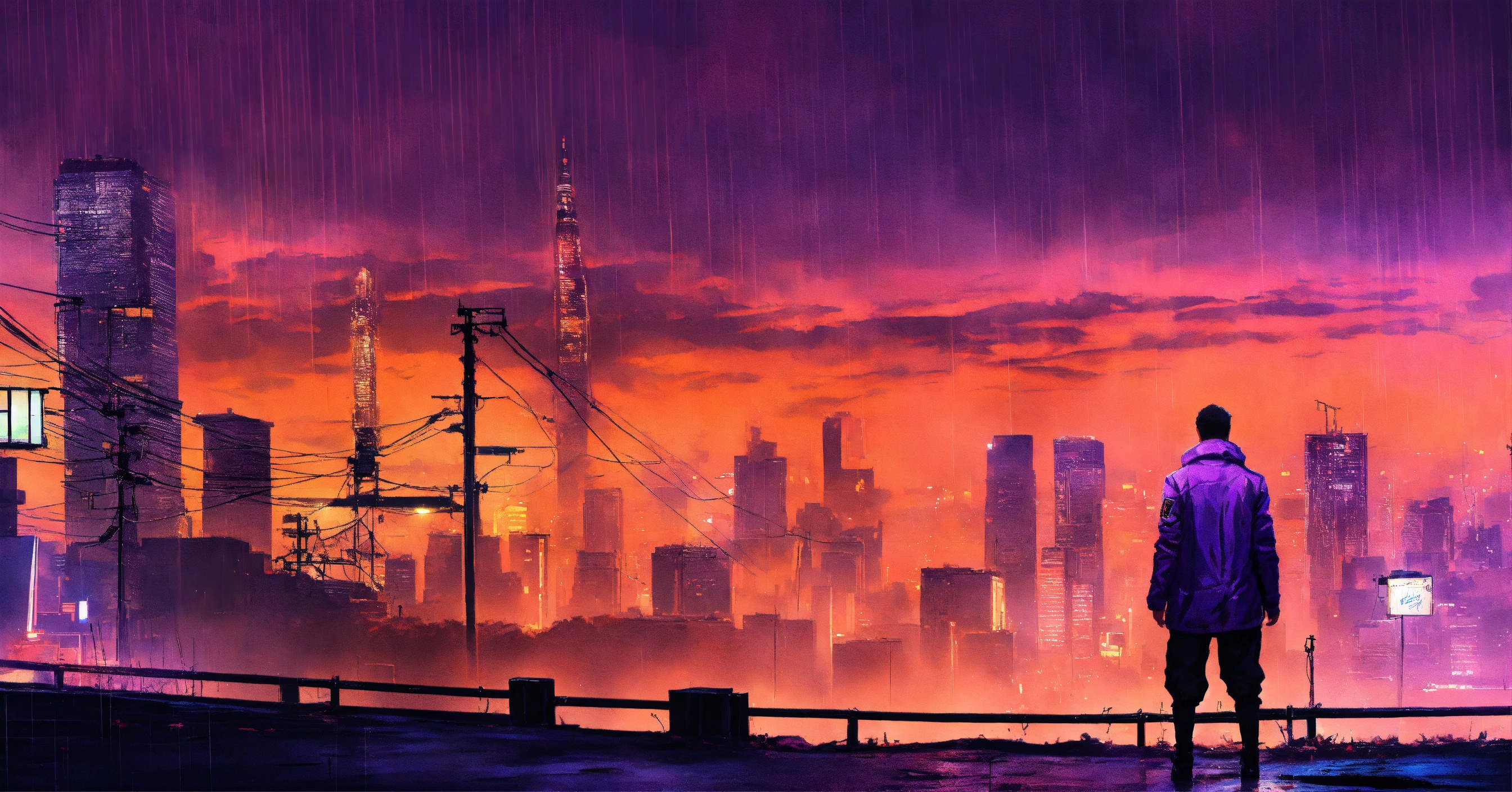 Lexica - Tokyo, post-apocalyptic, rainy mood, purple, orange, athletic man