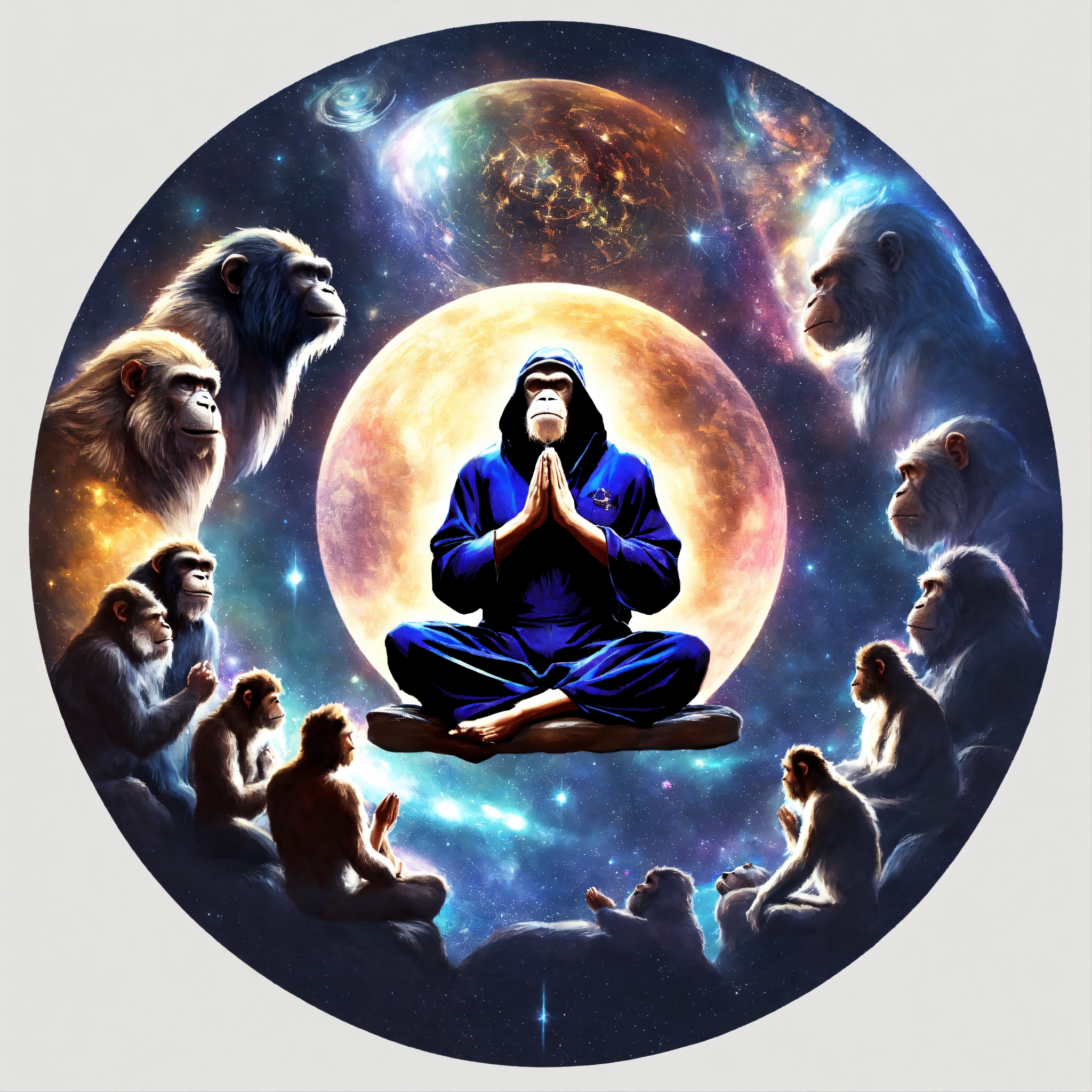Lexica - Apes praying to a human god in space, in circle image ...