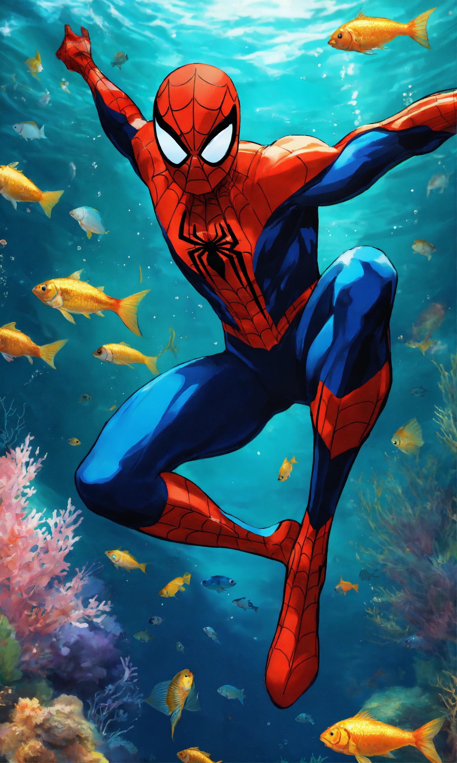 Lexica - Spiderman swimming with fish underwater in the ocean, nature ...
