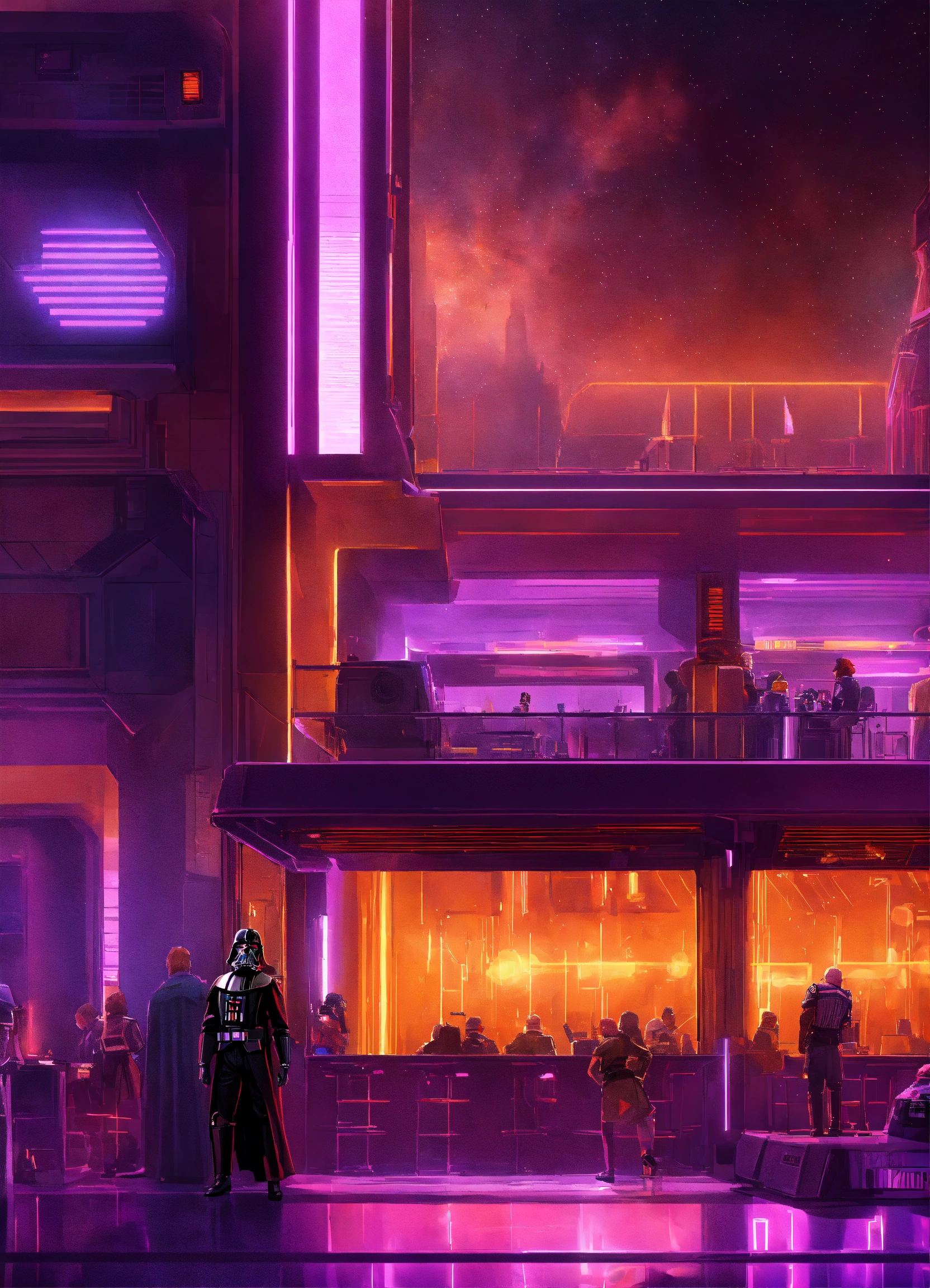 Lexica - Digital art of a Star Wars night club with purple and orange ...