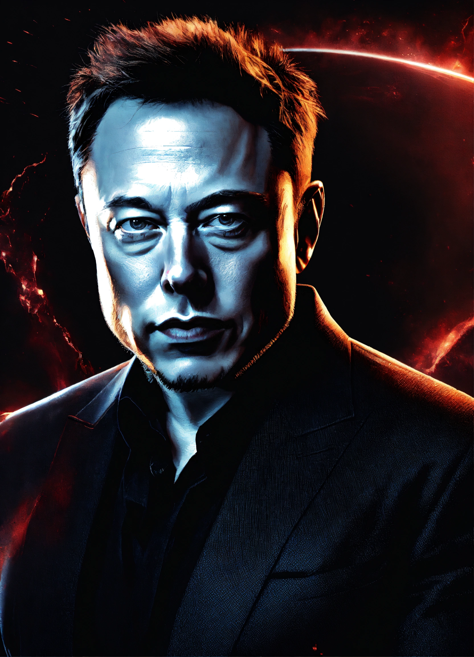 Lexica - Elon Musk, black background, evil.