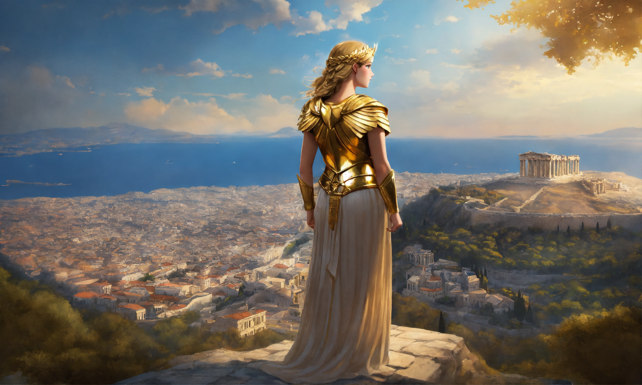 Lexica - Greek goddess Athena with blonde hair, gold armor, from behind ...