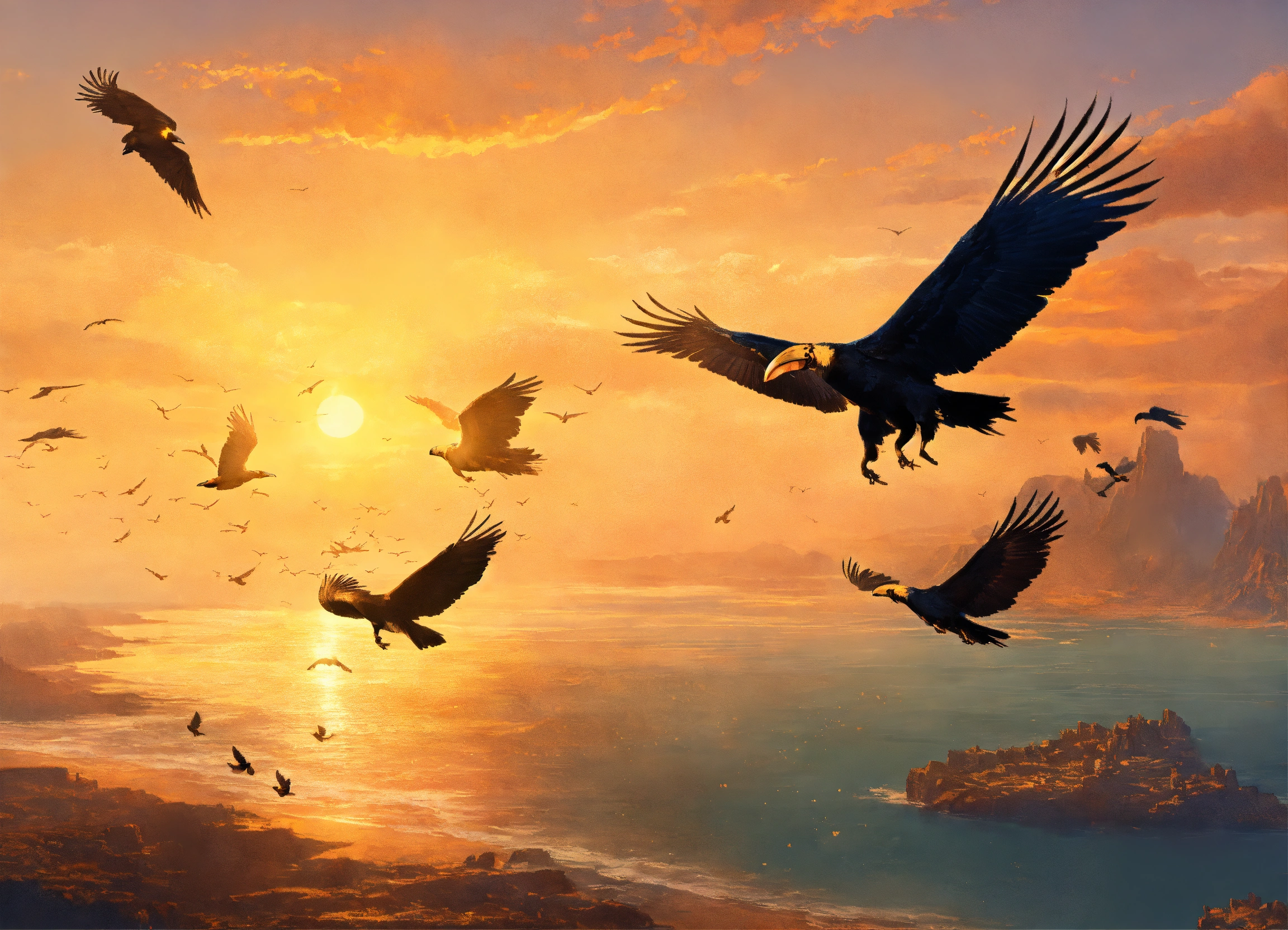 Lexica - Concept art of a group of large condors flying into the sunset ...