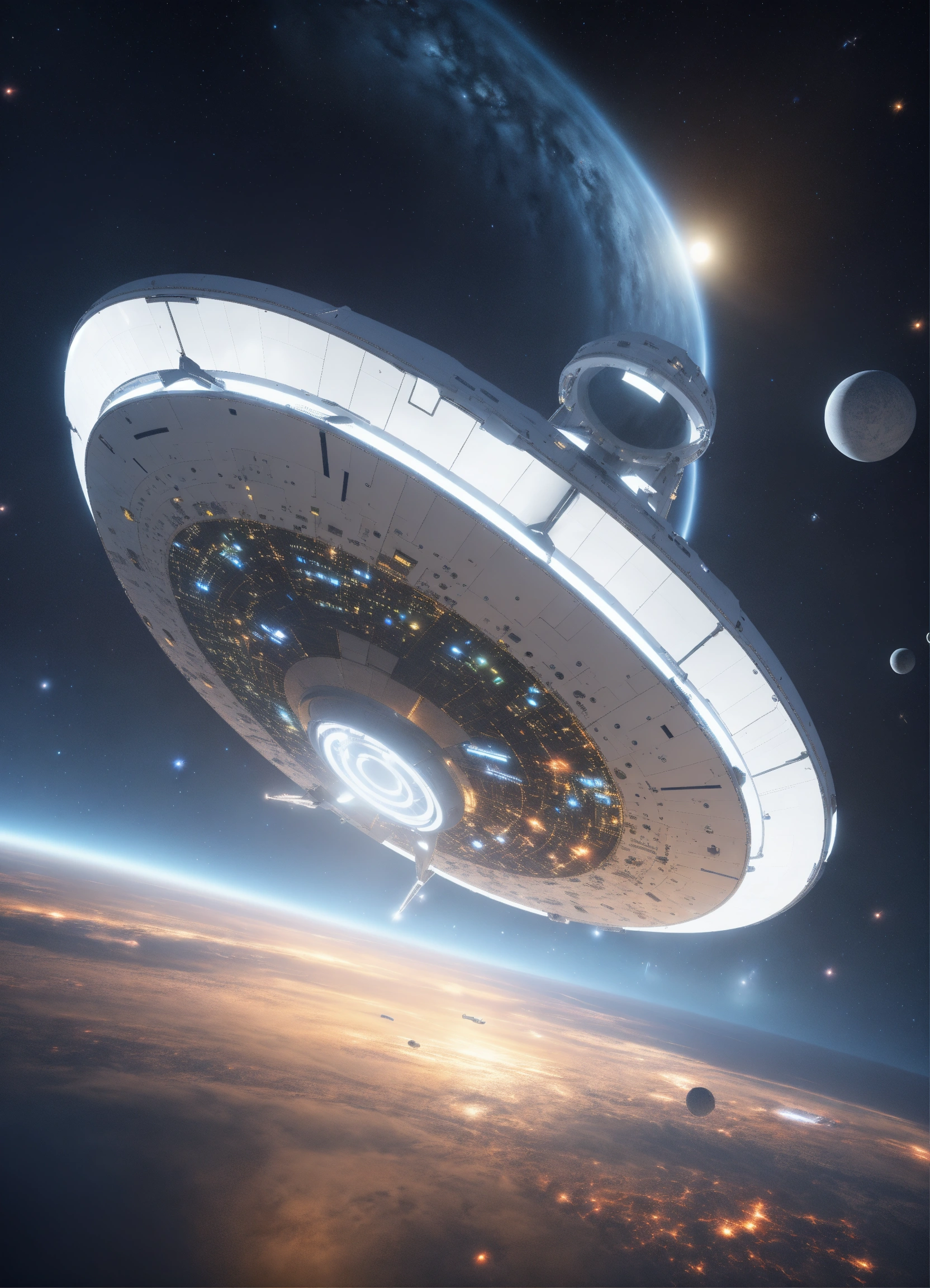 Lexica - Beautiful white disc shaped spaceport hub flying floating in ...