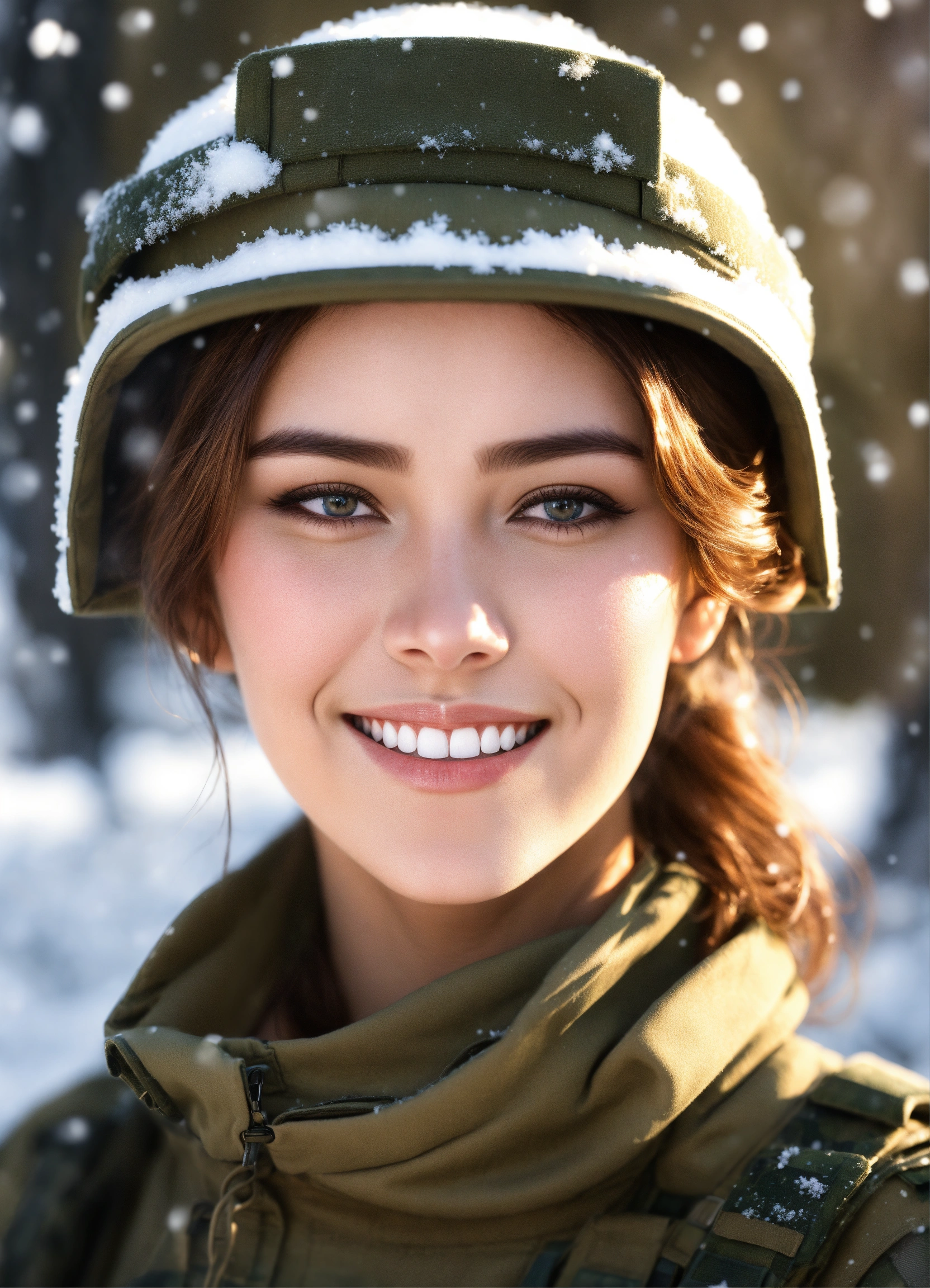 Lexica - A beautiful super realistic army girl, snow, radiant smile ...