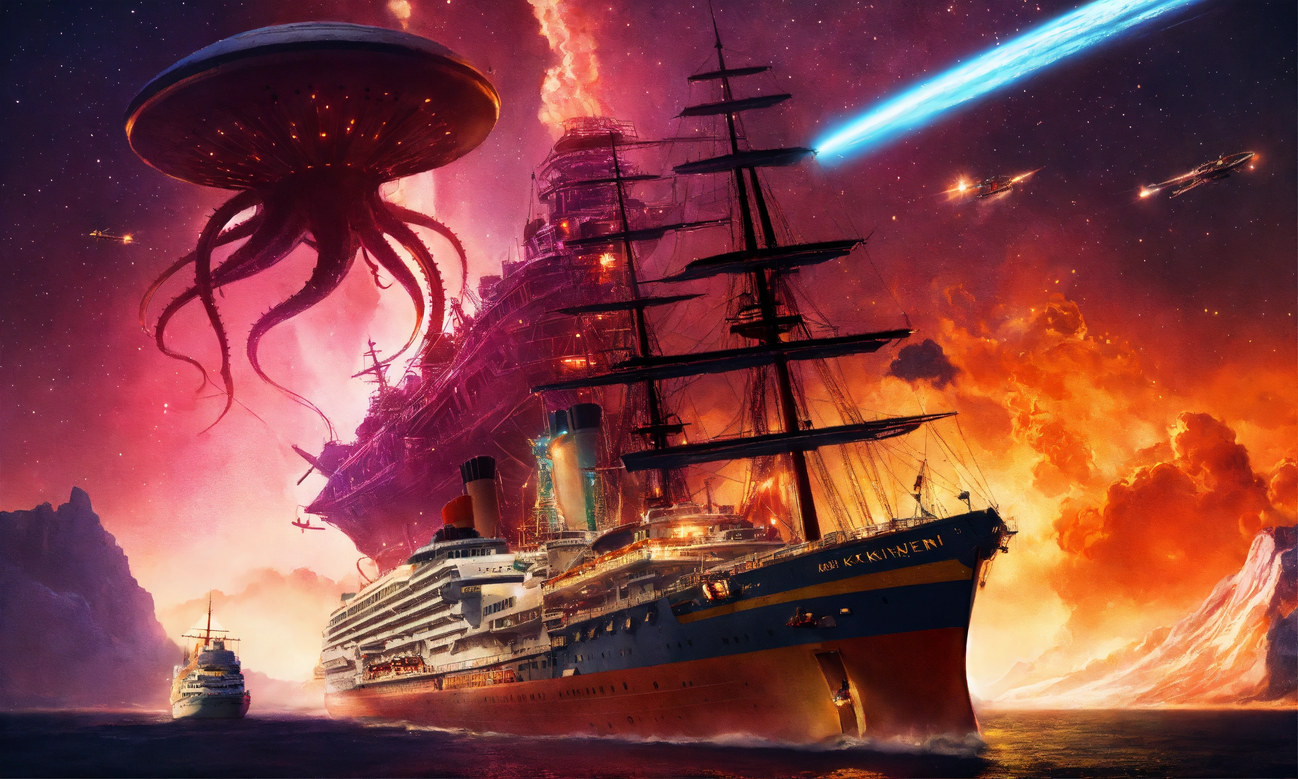 Lexica - Space kraken attacking cruiseship in space, movie poster. The ...