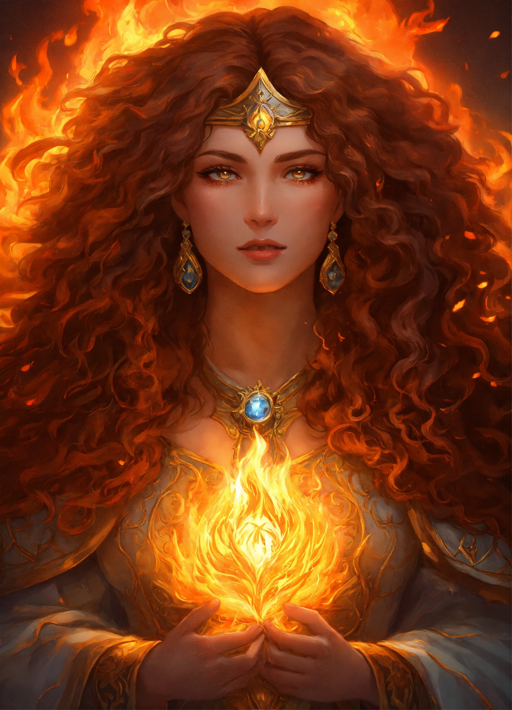 Lexica - "beautiful cleric of the phoenix", massive glowing curly hair ...