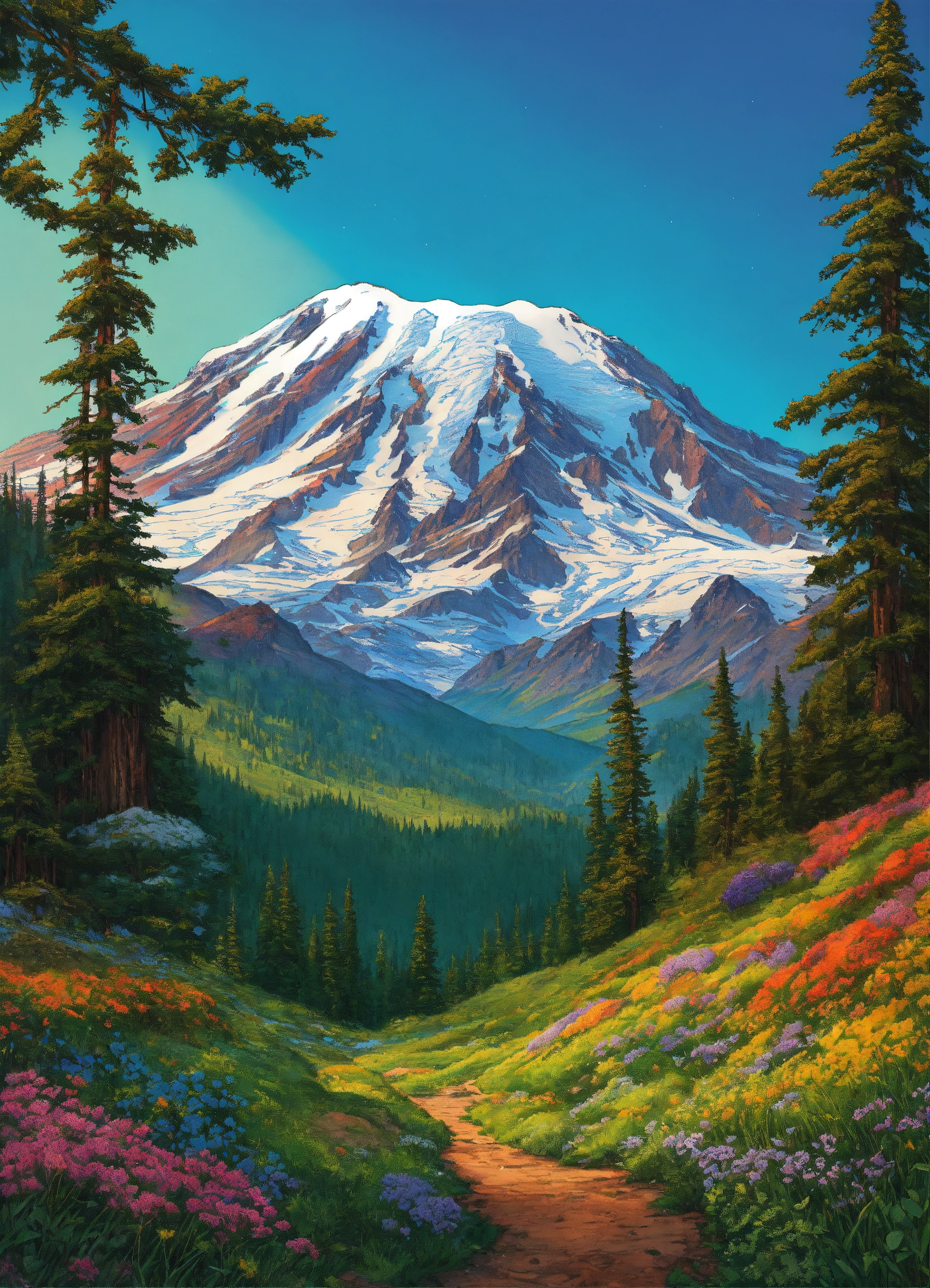 Lexica - A beautiful and highly detailed bright colors drawing of mount ...