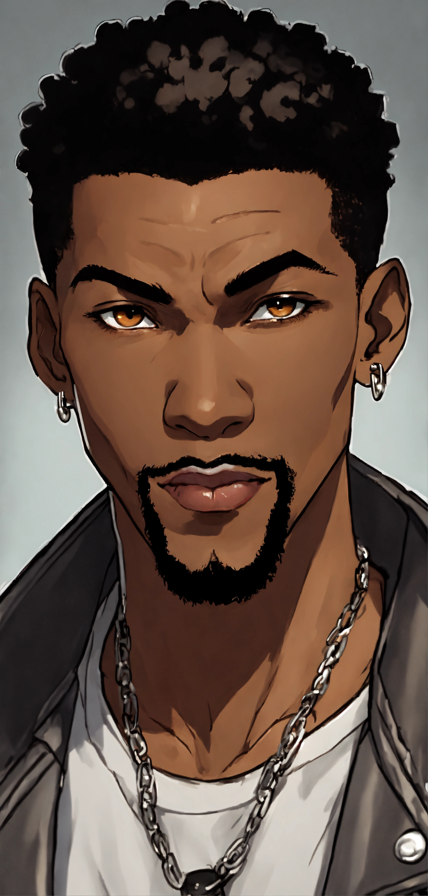 Lexica - Tall black male, gray leather jacket, brown eyes, short black ...