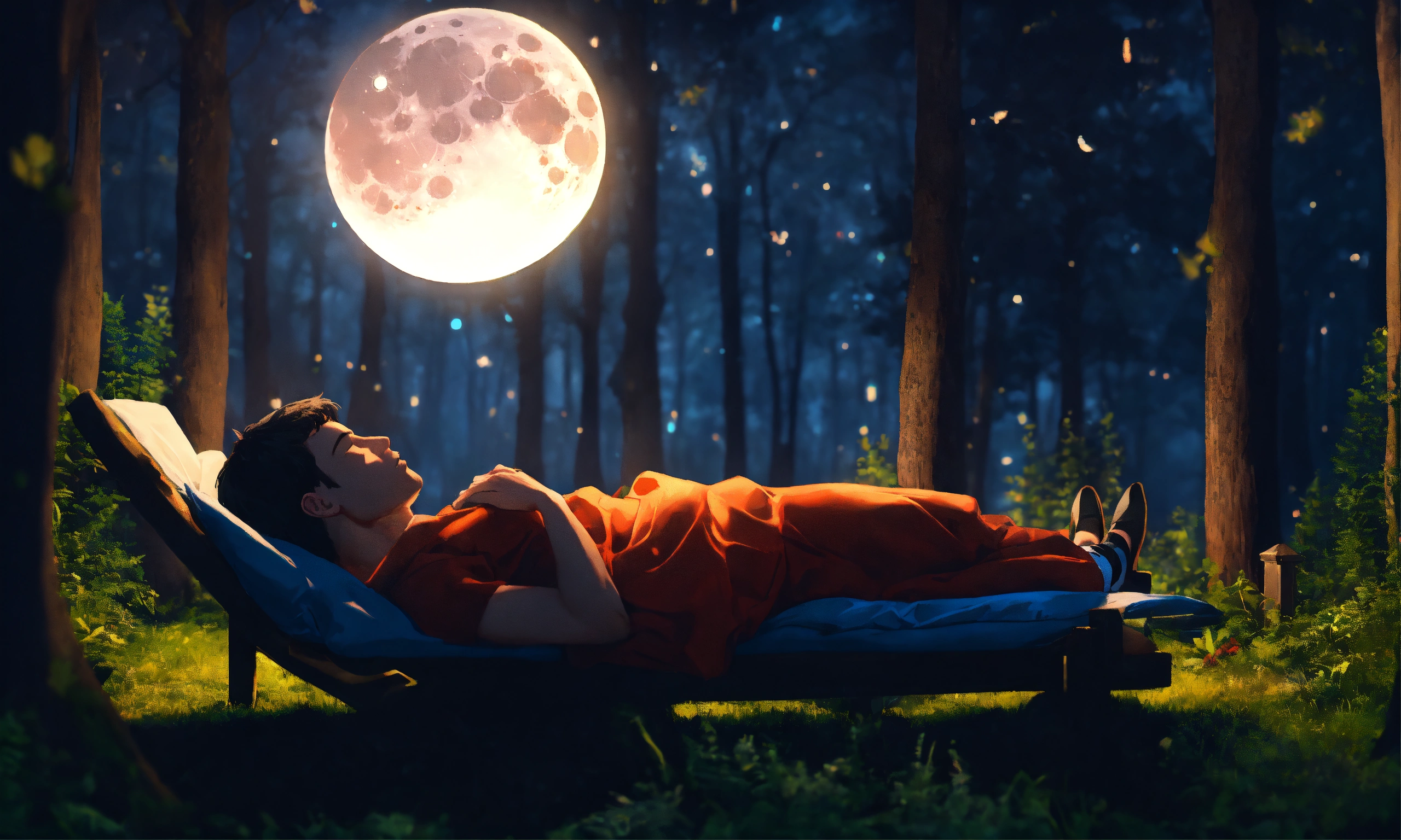 Lexica - Cute man sleep and dream under moon at night in the forest, 8k