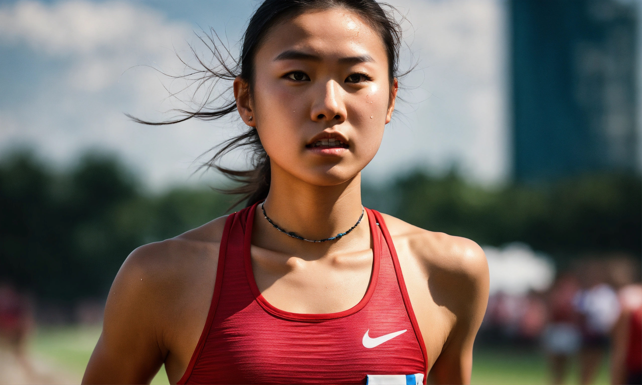 Lexica - Mid-day at a track field. Ultra Close-up shot of an 18-year ...