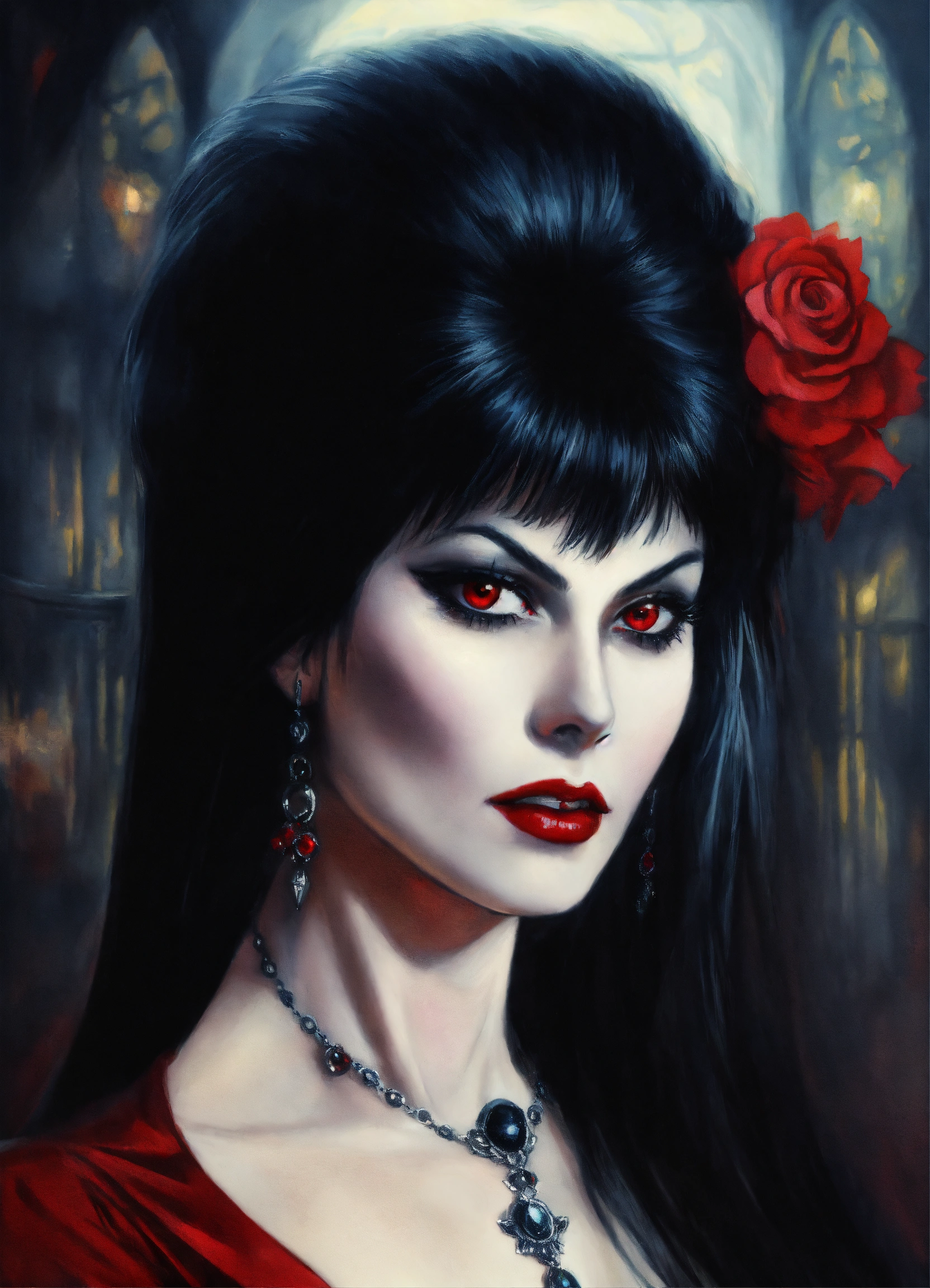Lexica - Portrait of elvira as a gothic vampire with red lips, red eyes ...