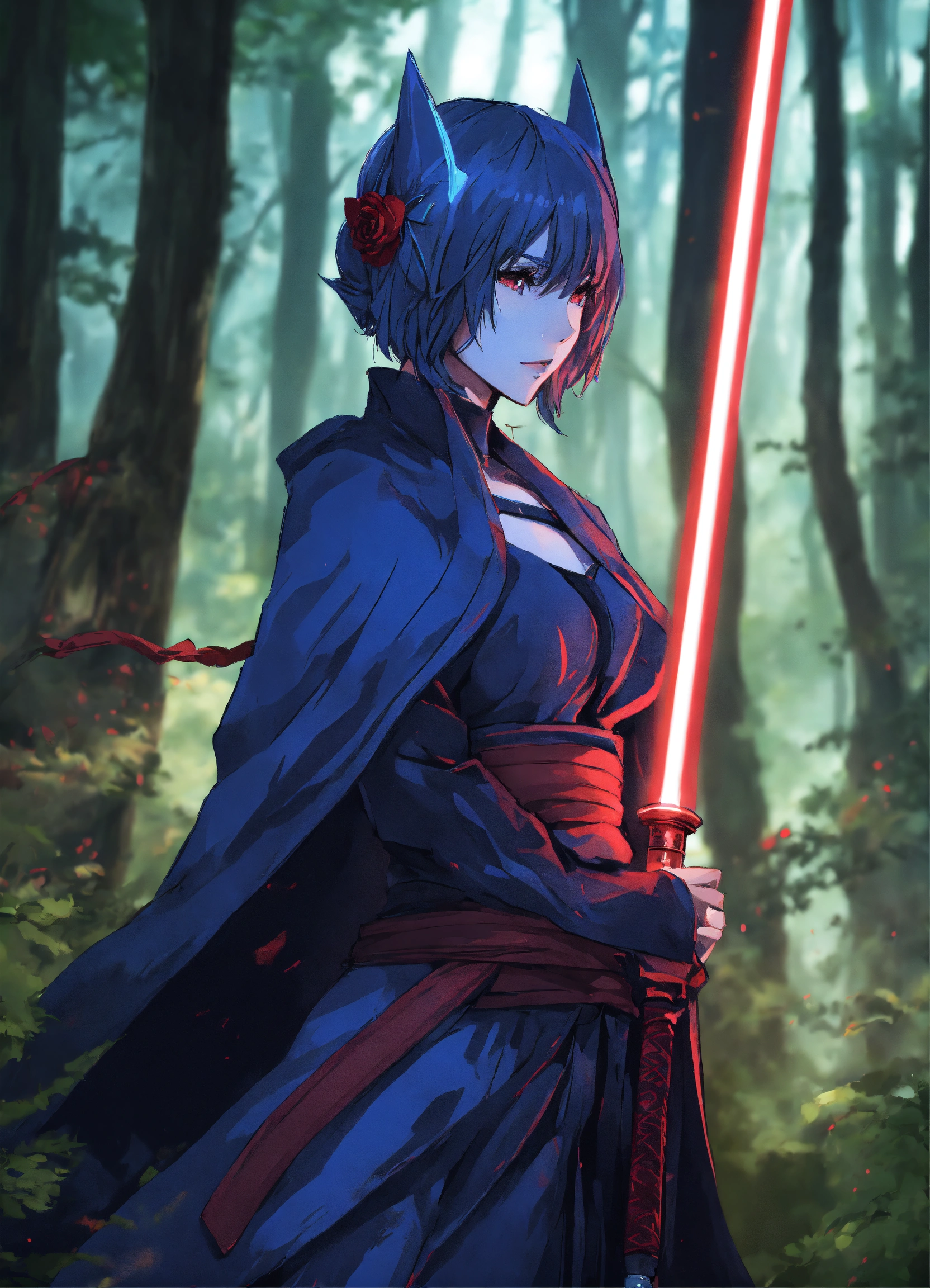 Lexica - 2d baobhan sith anime girl, blue skin, forest background