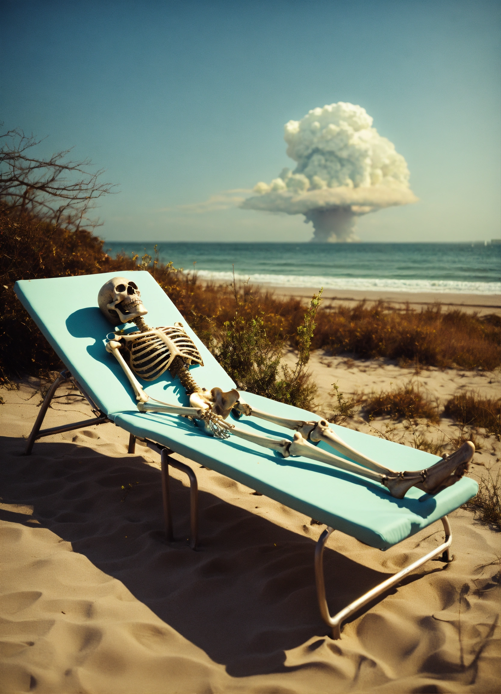 Lexica - Skeleton lies on a sun lounger, hands behind head, legs ...