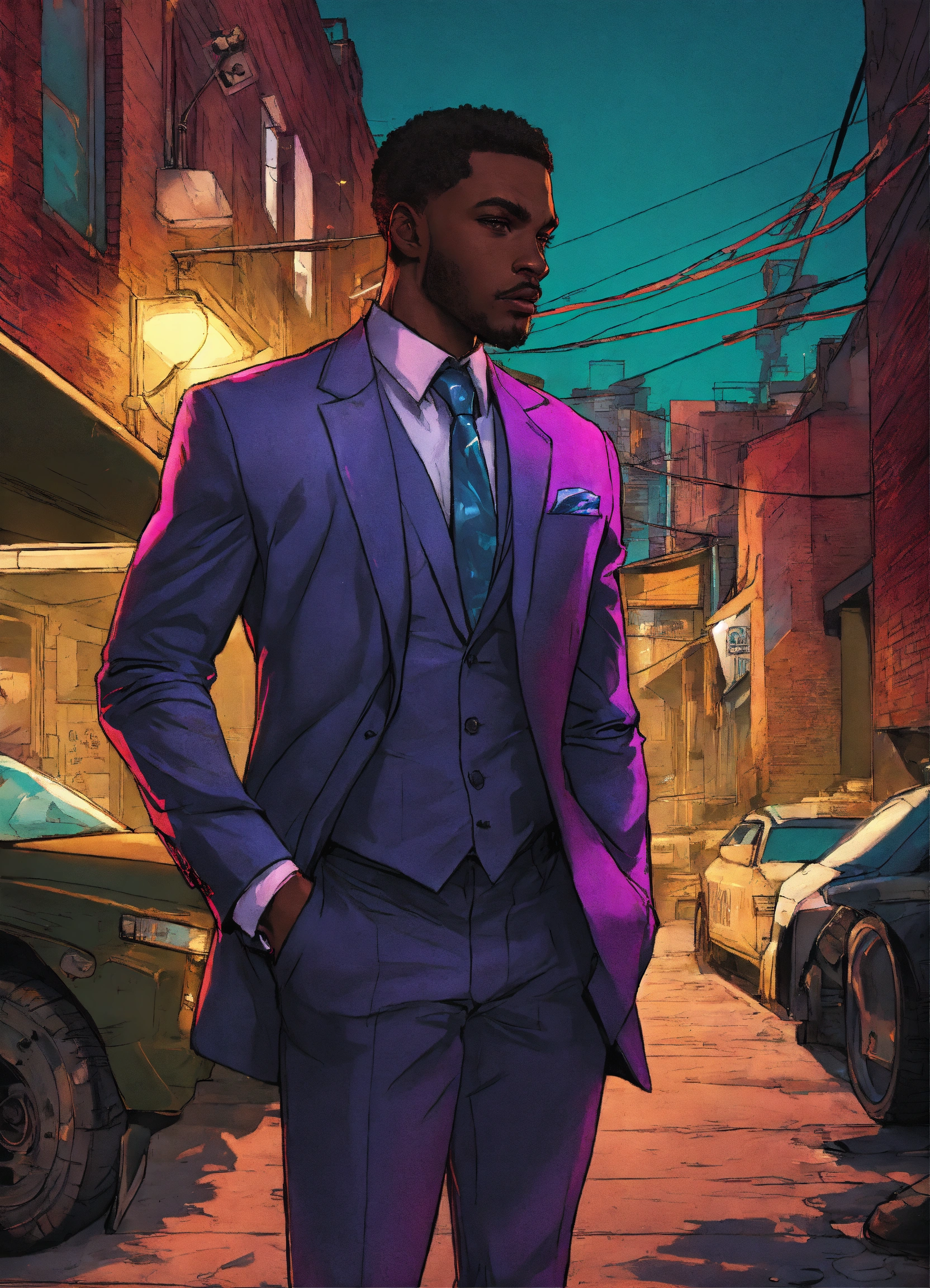 Lexica - Cyberpunk African American in a suit, in gritty back street ...