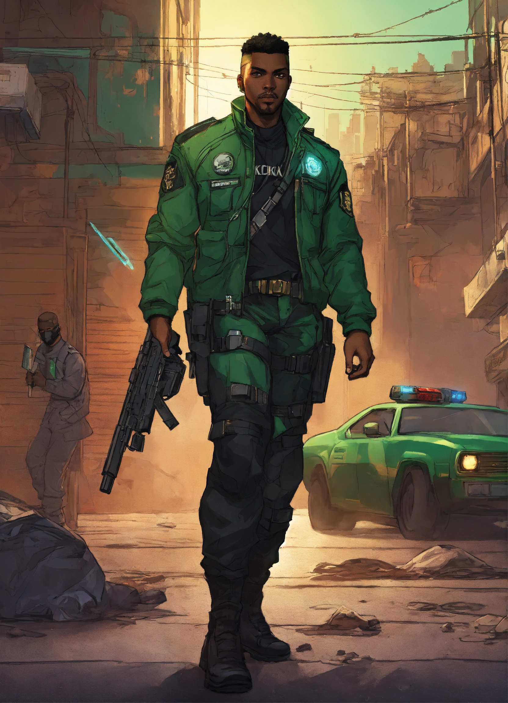 Lexica - Cyberpunk male African American cyberpunk cop in a black ...