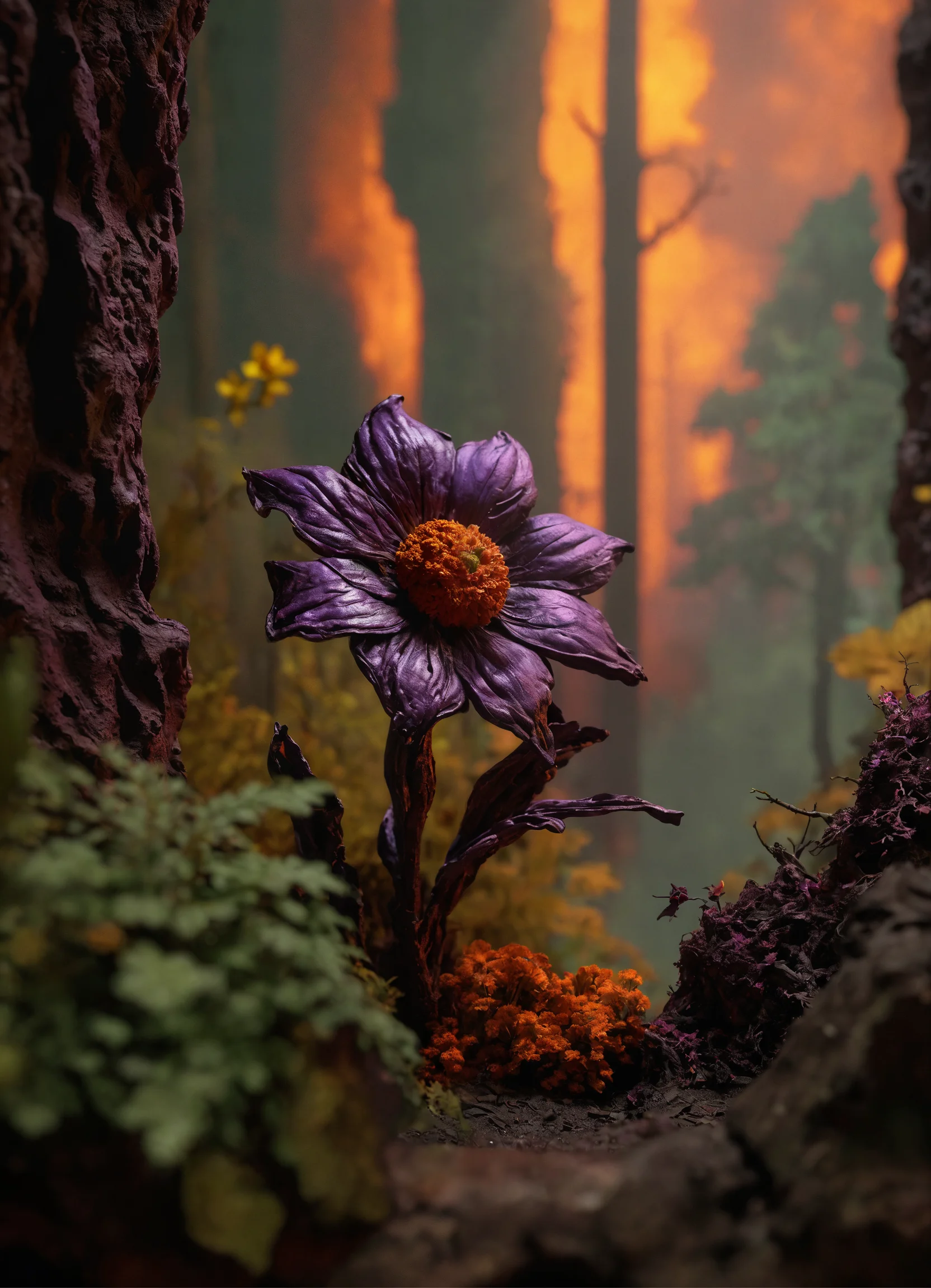 Lexica - A beautiful purple flower in a dark forest, in the style of ...