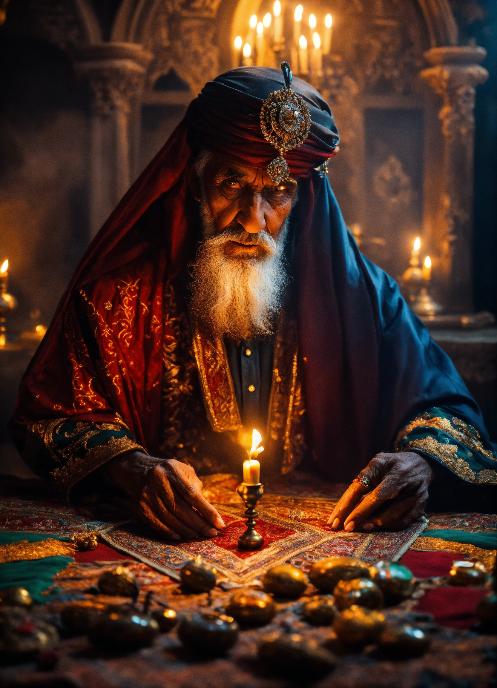 Lexica - An old Arabian magician creating a charm. Scary vibes.