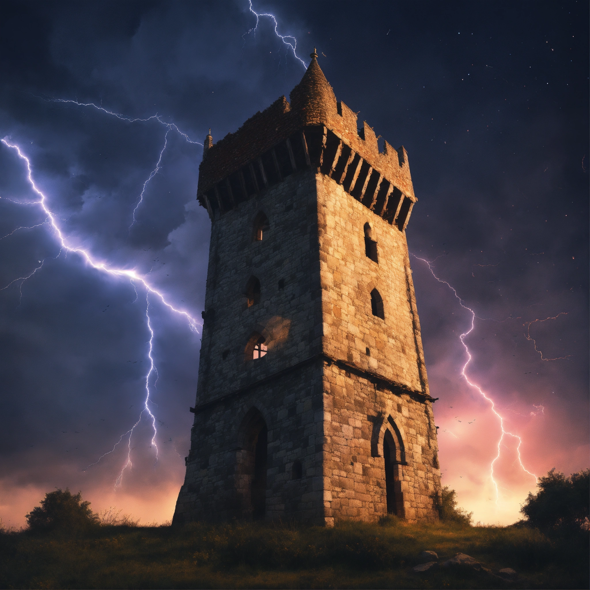 Lexica - Medieval tower struck by lightning, night sky, realistic ...