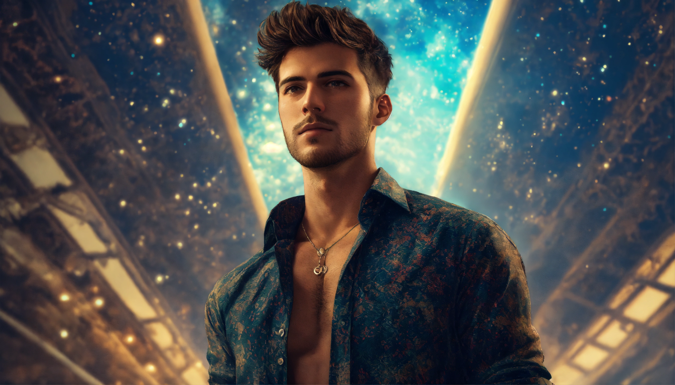 Lexica - Handsome man, looking up, shirt unbuttoned, negative patterns ...