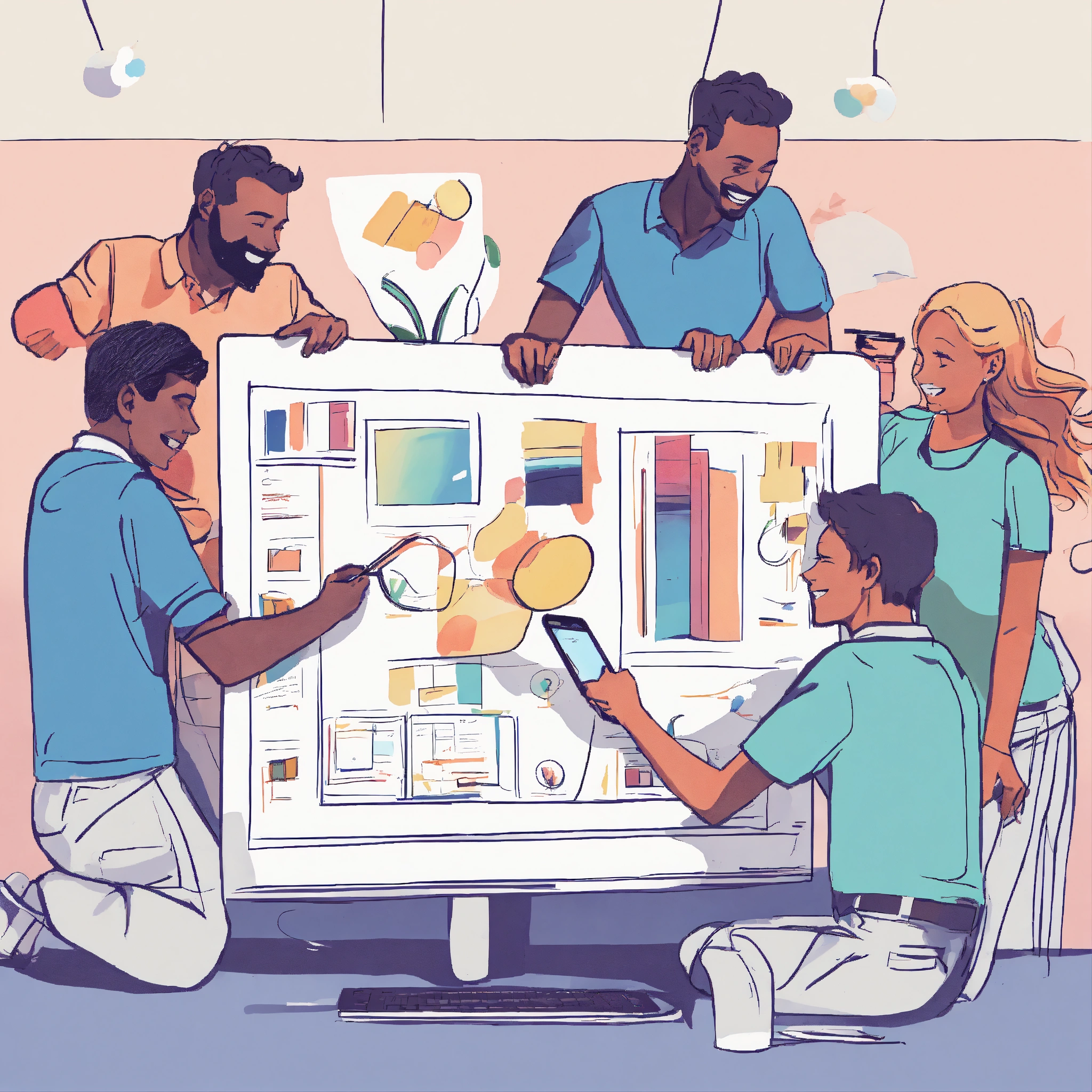 Lexica - Very simple drawing of a cheerful team working together behind ...