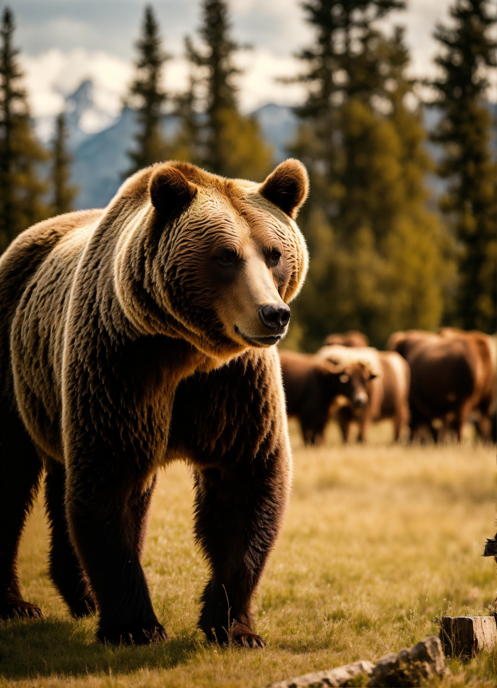 Lexica - Grizzly bear wearing cowboy hat, standing in front of hers of ...