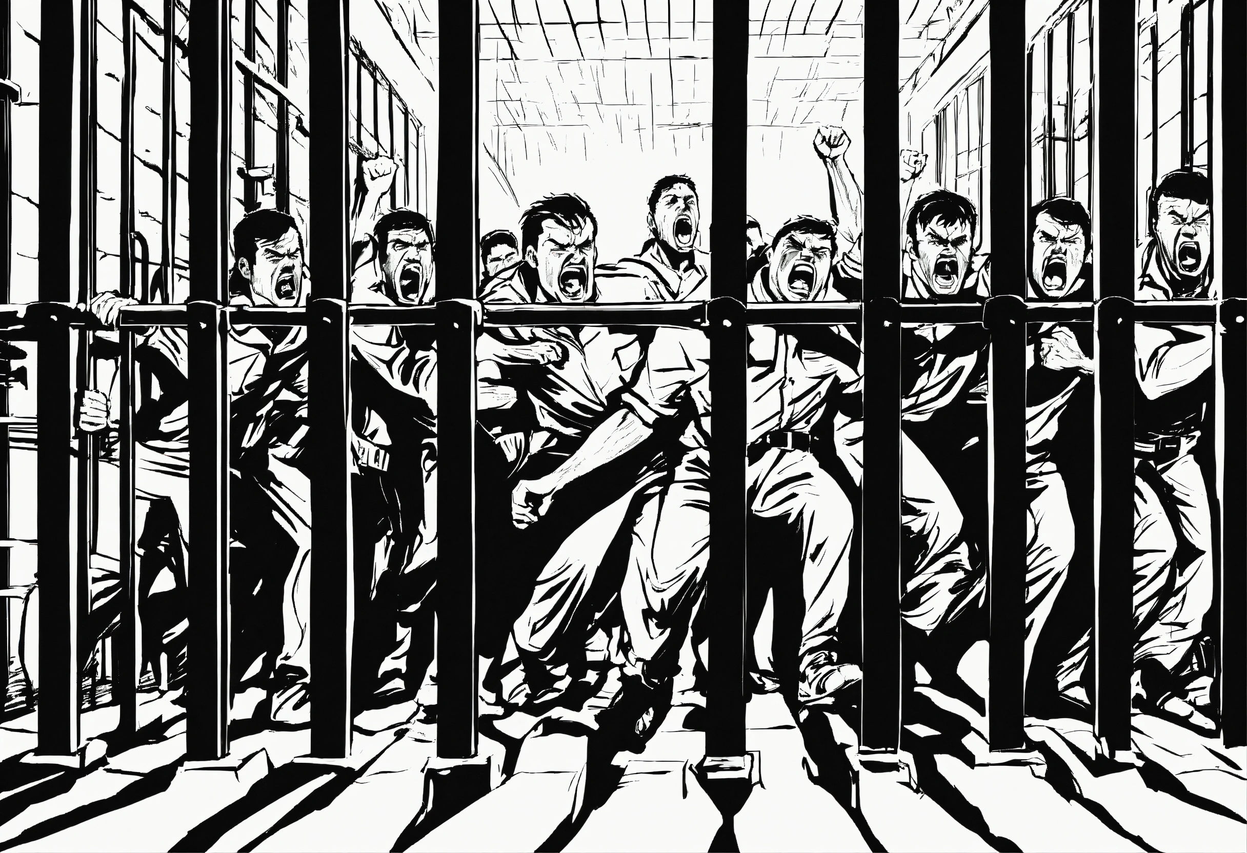 Lexica - A black and white illustration angry prisoners attempting to ...